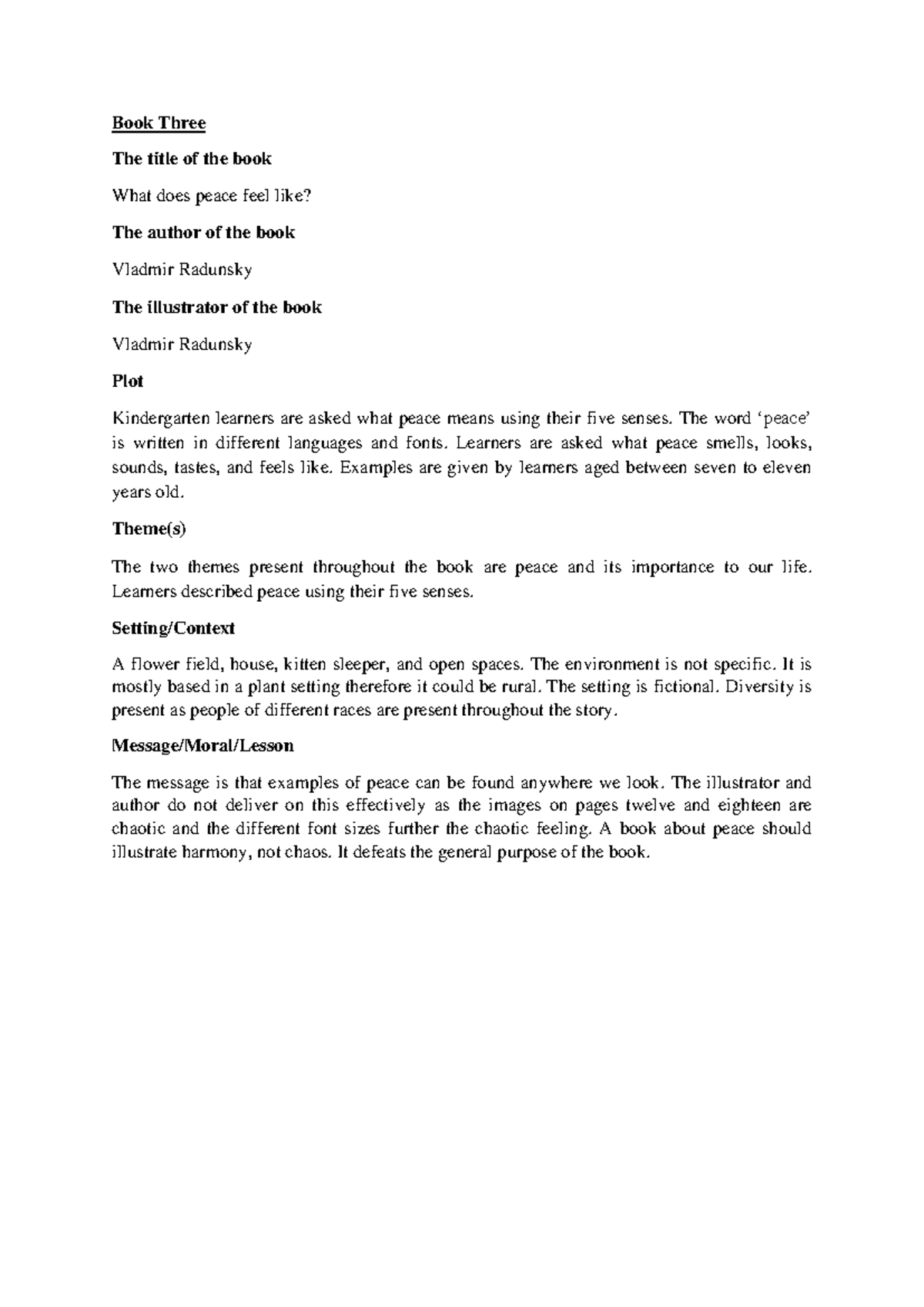 What does peace feel like - Book Three The title of the book What does ...