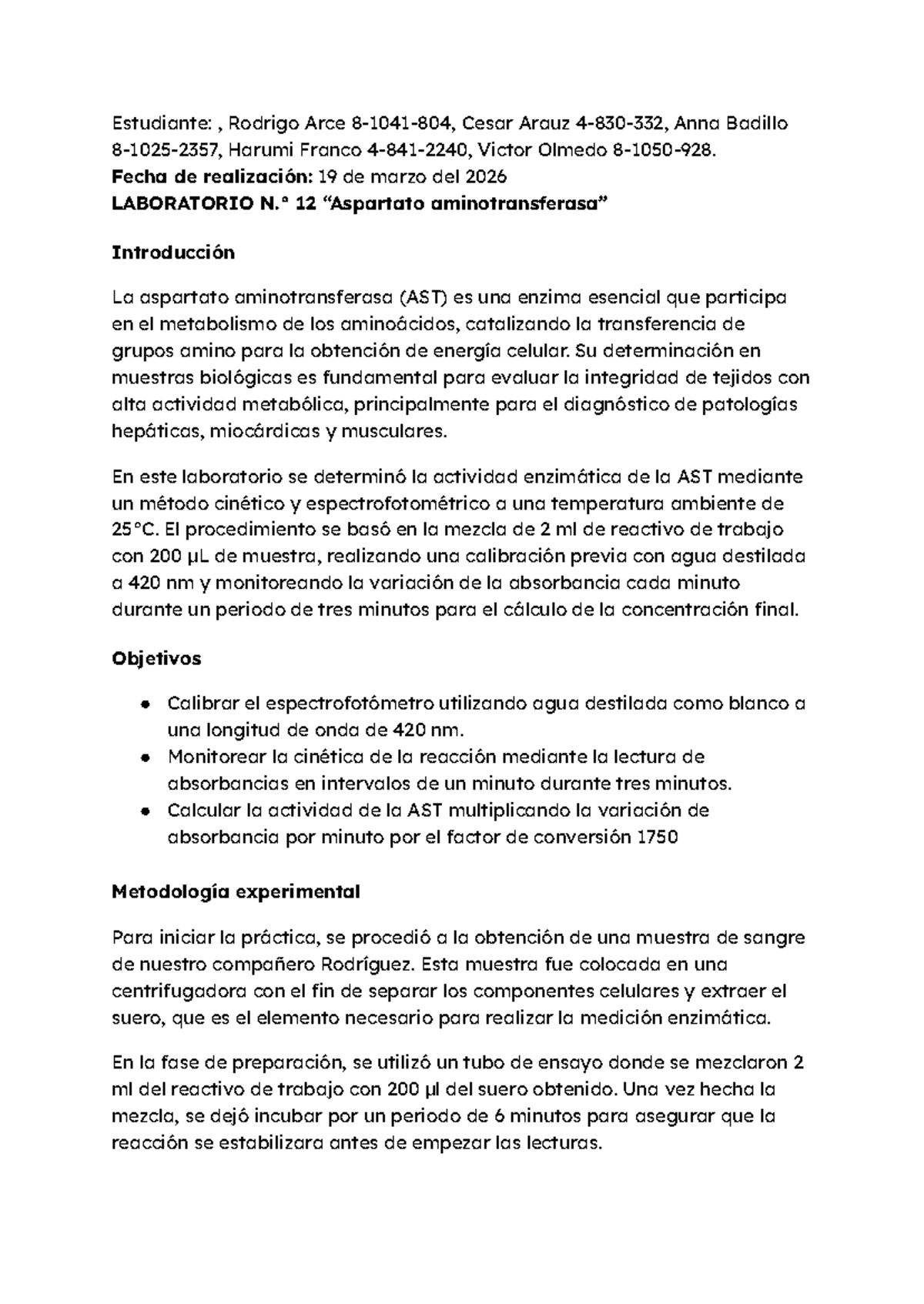 Laboratorio 12: Determinación de la Actividad de AST en Bioquímica ...