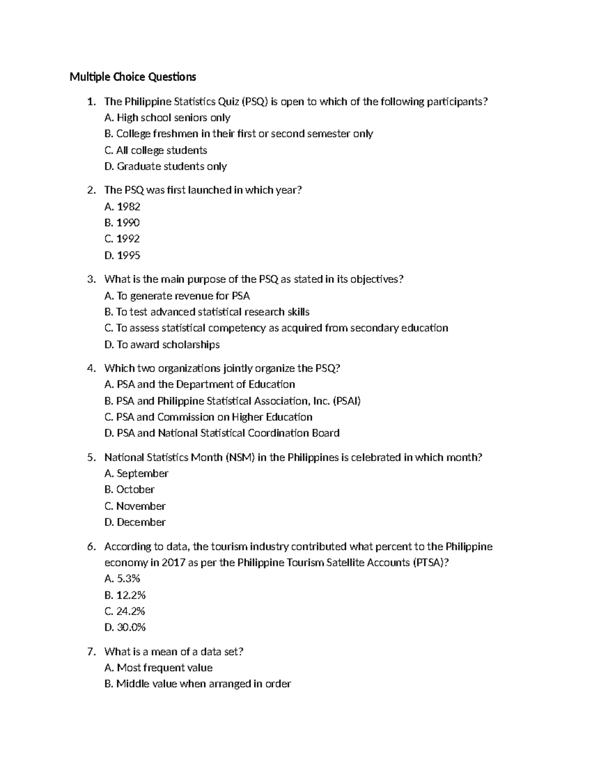 PSA Multiple Choice Questions: Philippine Statistics Quiz (PSQ) - Studocu