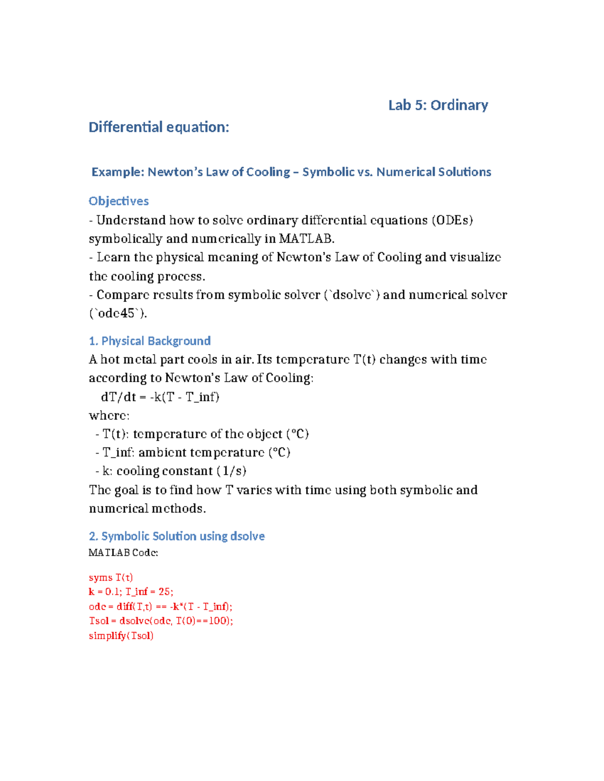 Lab 5: ODE Solutions - Law of Cooling in MATLAB - Studocu