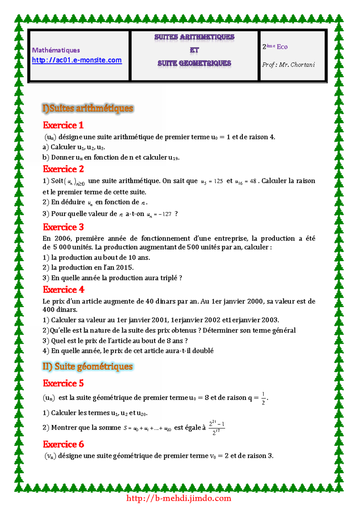 Exercices sur les Suites Arithmétiques et Géométriques - 2ème Eco Math ...