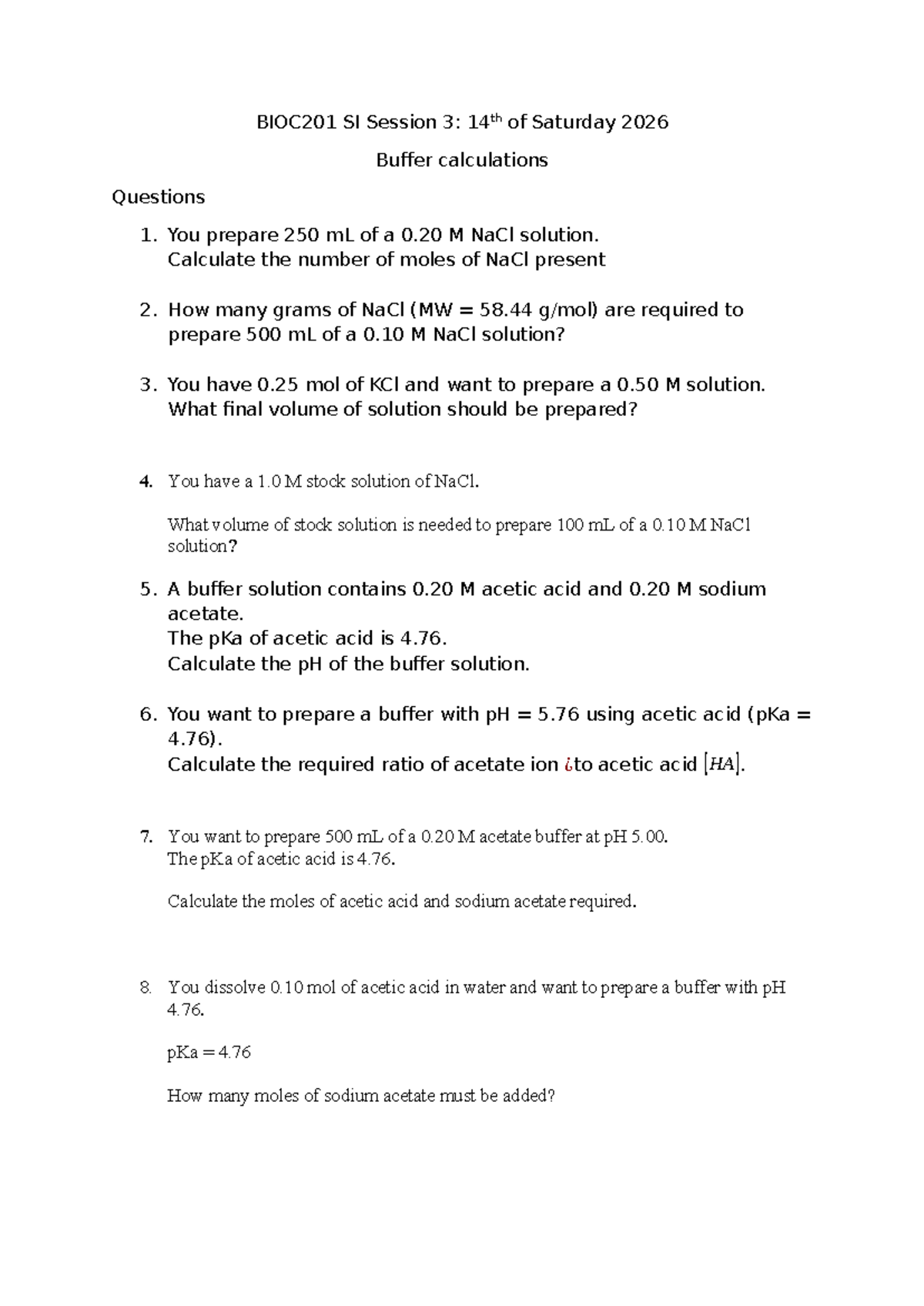 BIOC201 SI Session 3: Buffer Calculations and Questions - Studocu