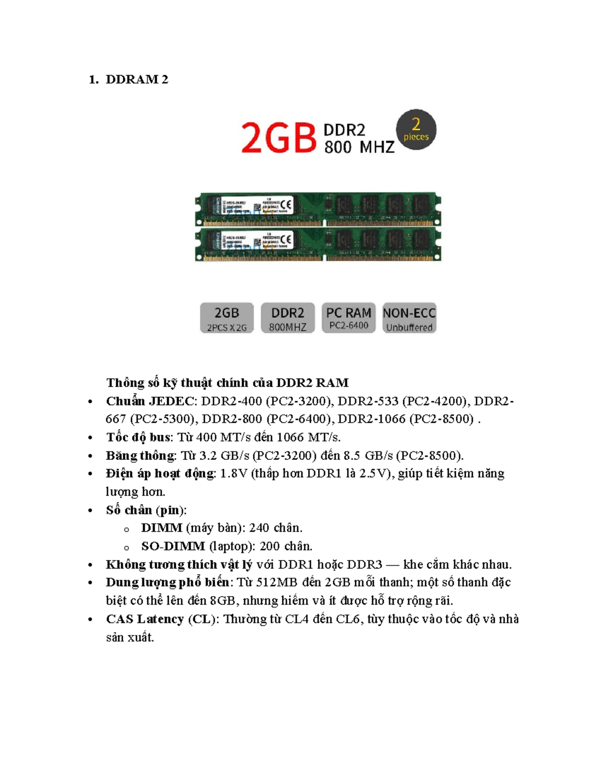 Thông số kỹ thuật của DDRAM: DDR2, DDR3, DDR4, DDR5 và RDRAM - Studocu