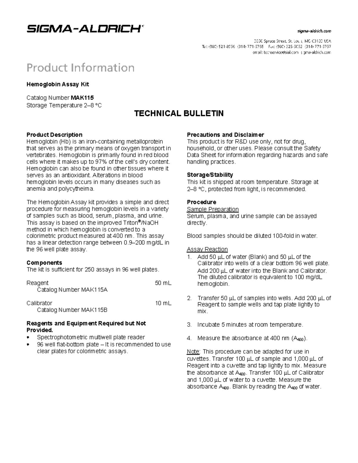 Hemoglobin Assay Kit Instructions (Catalog No. MAK115) - Studocu