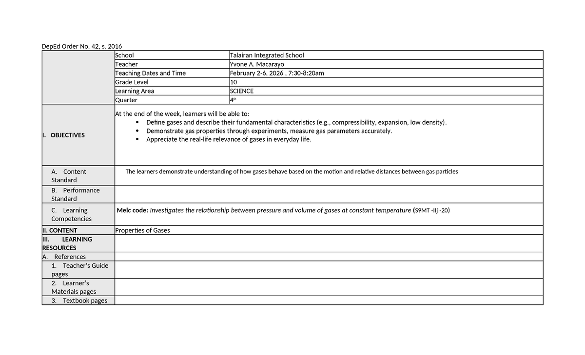 Grade 10 Science Lesson Plan: Properties of Gases and Gas Laws - Studocu