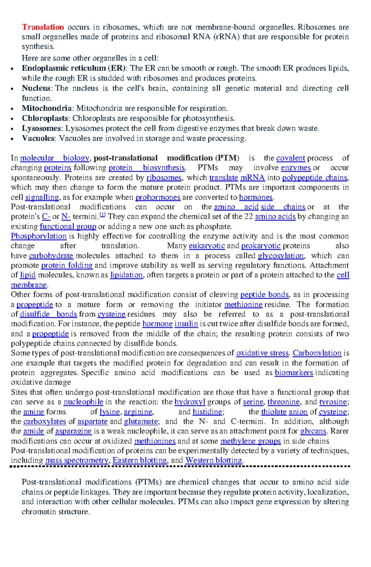 Transport Proteins and Post-Translational Modifications - Notes - Studocu
