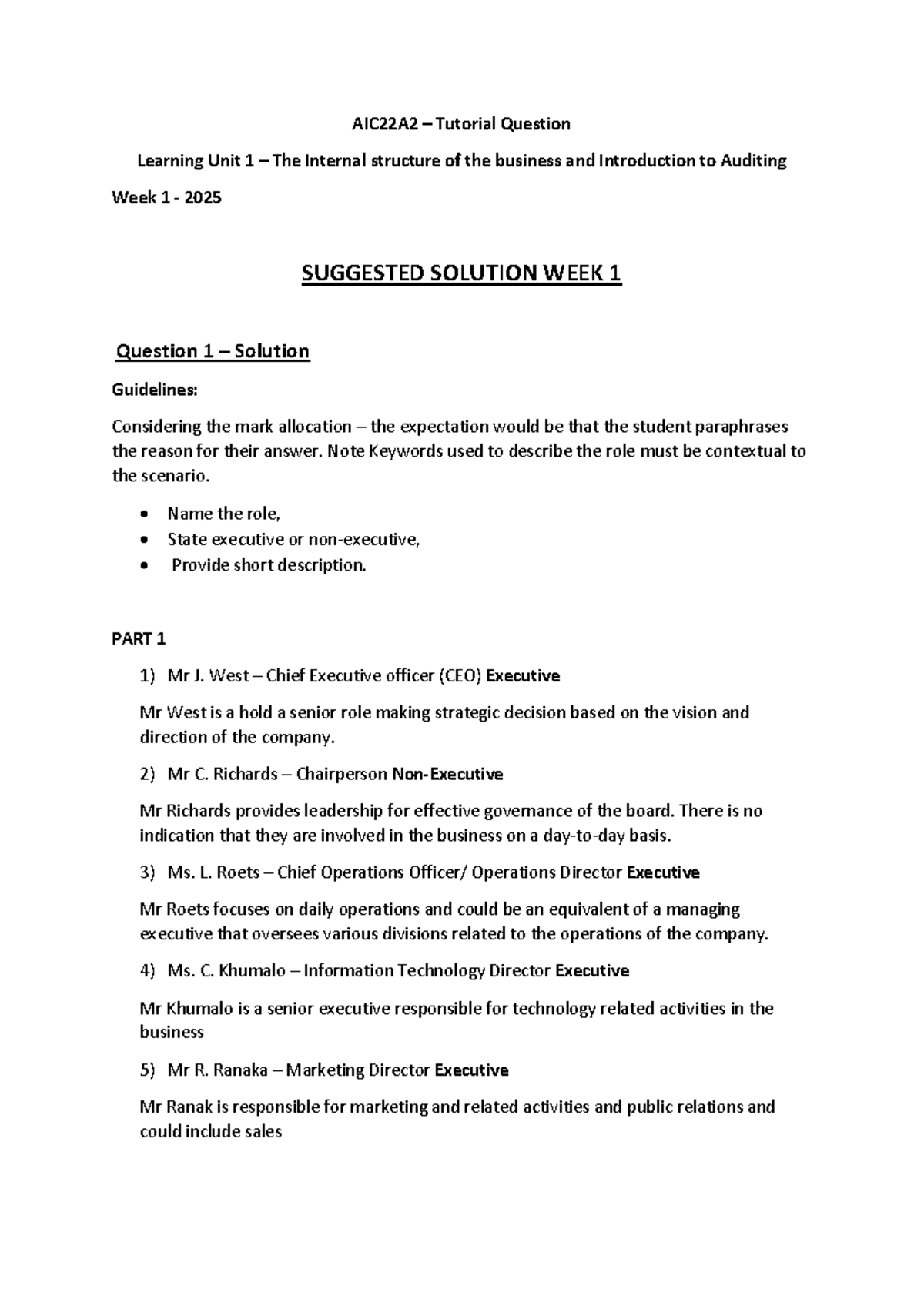 AIC22A2 Tutorial Memo - Week 1: Internal Structure & Auditing - Studocu