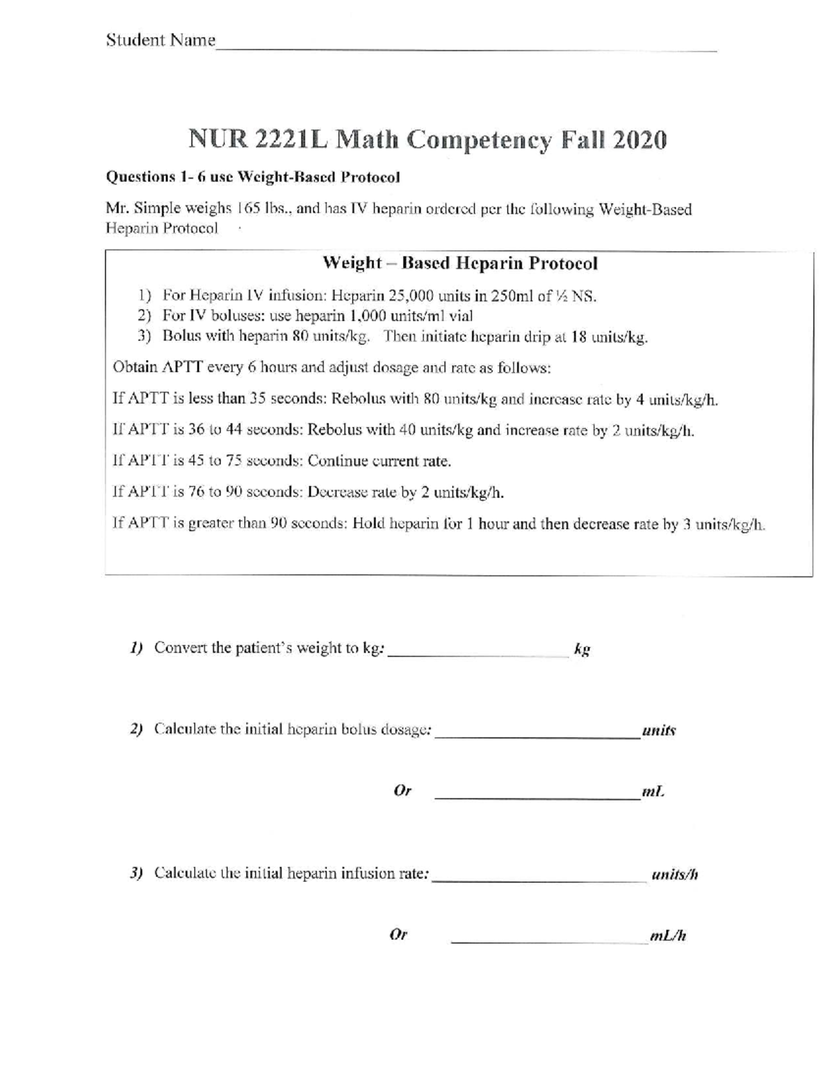 NUR Math Competency Fall 2020: Heparin Calculation Protocol - Studocu