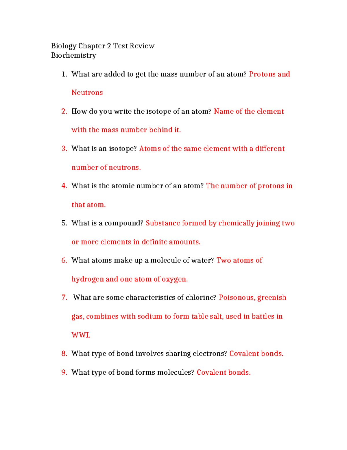 Biology CH 2 Test Review: Key Concepts in Biochemistry - Studocu