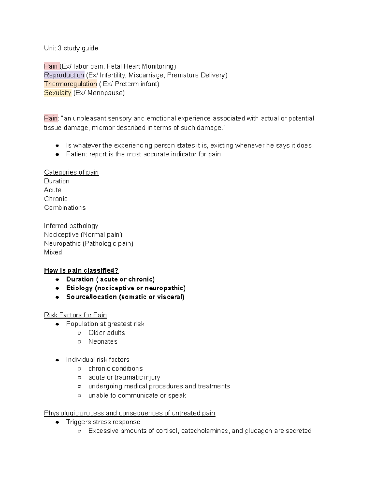 Unit 3 study guide - nursing notes - Unit 3 study guide Pain (Ex/ labor ...