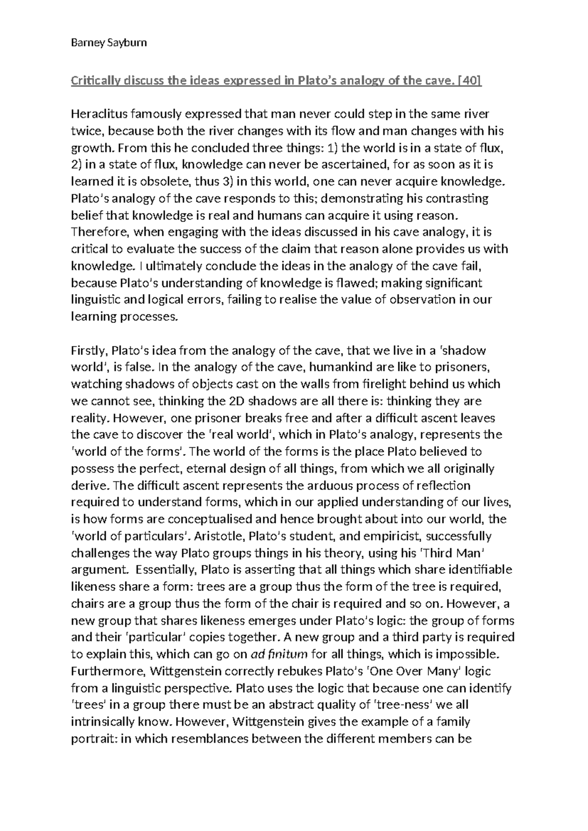 Plato's Cave Analogy Critique Essay (OCR 40 Marker) - Studocu