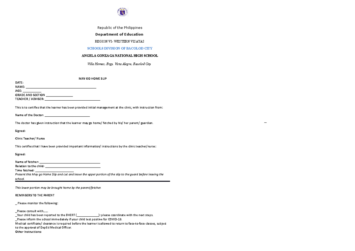MAY GO HOME SLIP - Important Instructions for Parents and Guardians ...