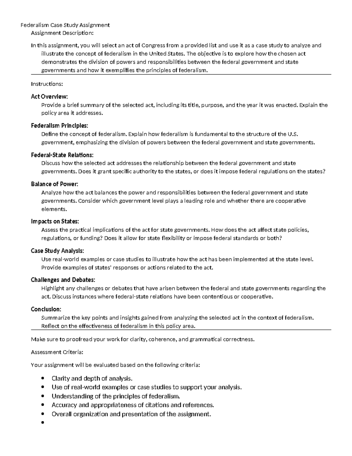 Federalism Case Study Assignment: Analyzing Congressional Acts - Studocu