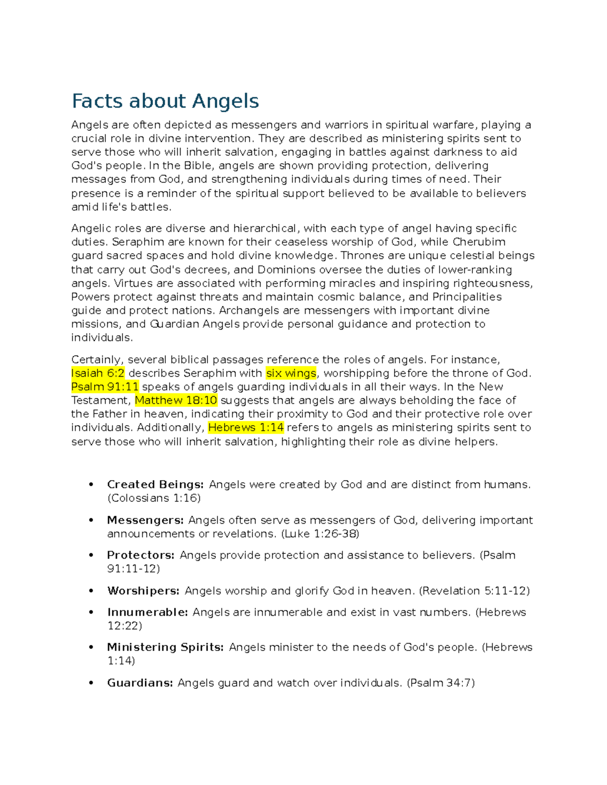 Facts about angels - notes - Facts about Angels Angels are often ...