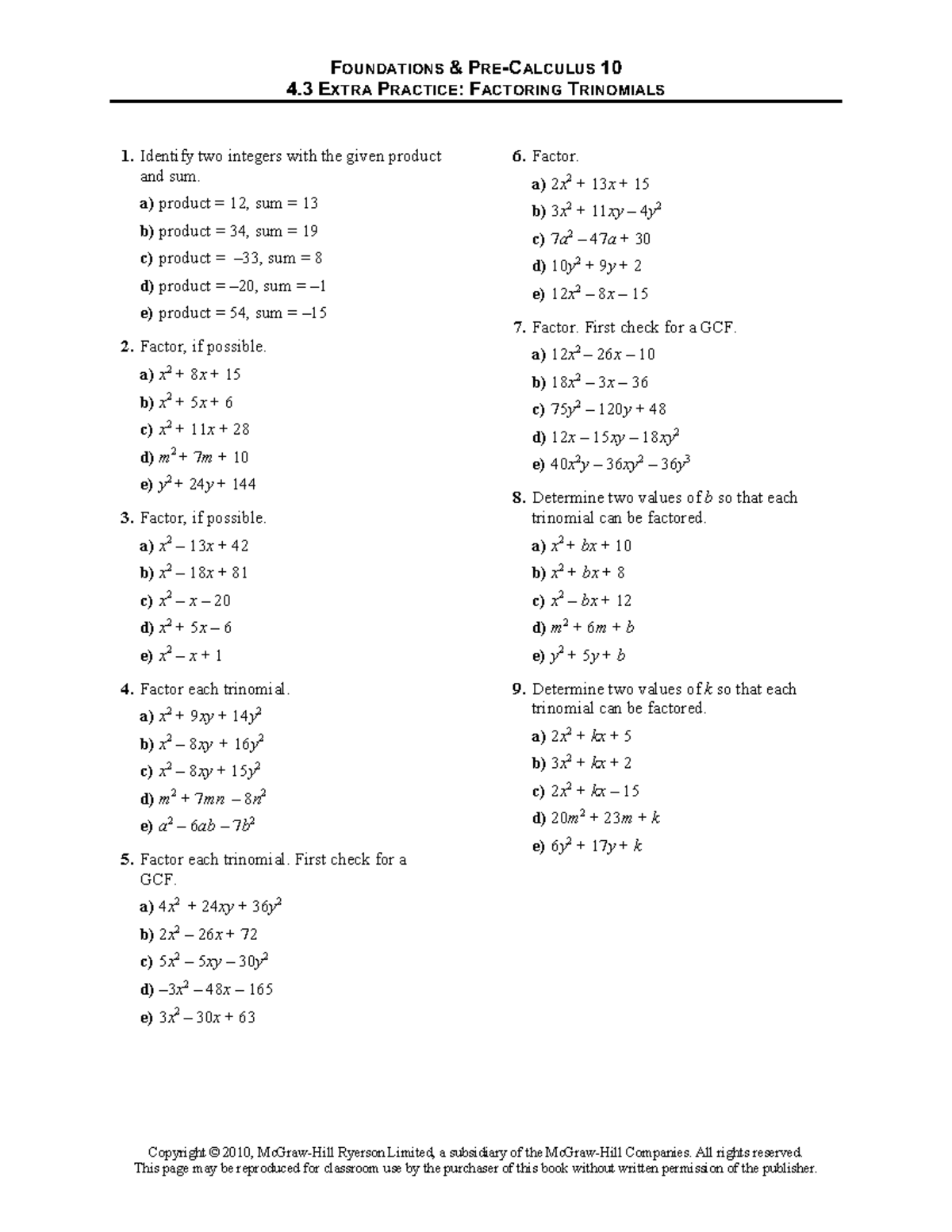 FOUNDATIONS 10: 4.3 Extra Practice on Factoring Trinomials - Studocu