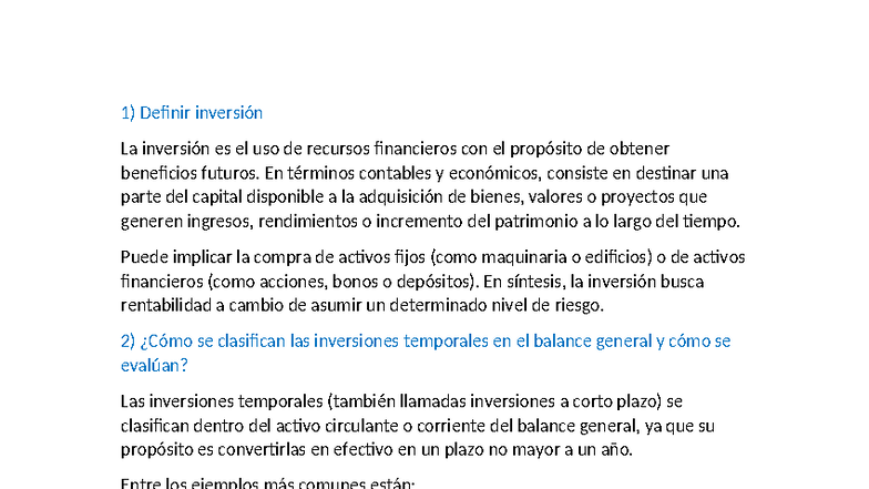 Contabilidad: Definición y Clasificación de Inversiones - Studocu
