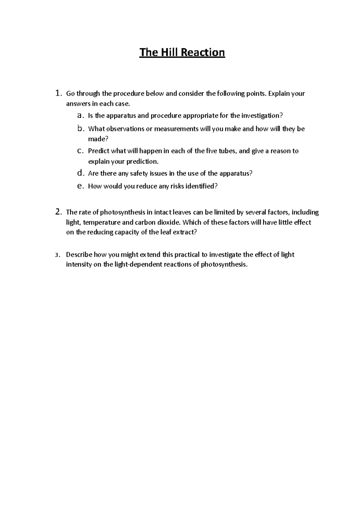 The Hill Reaction: Experimental Guide & Observations Analysis - Studocu