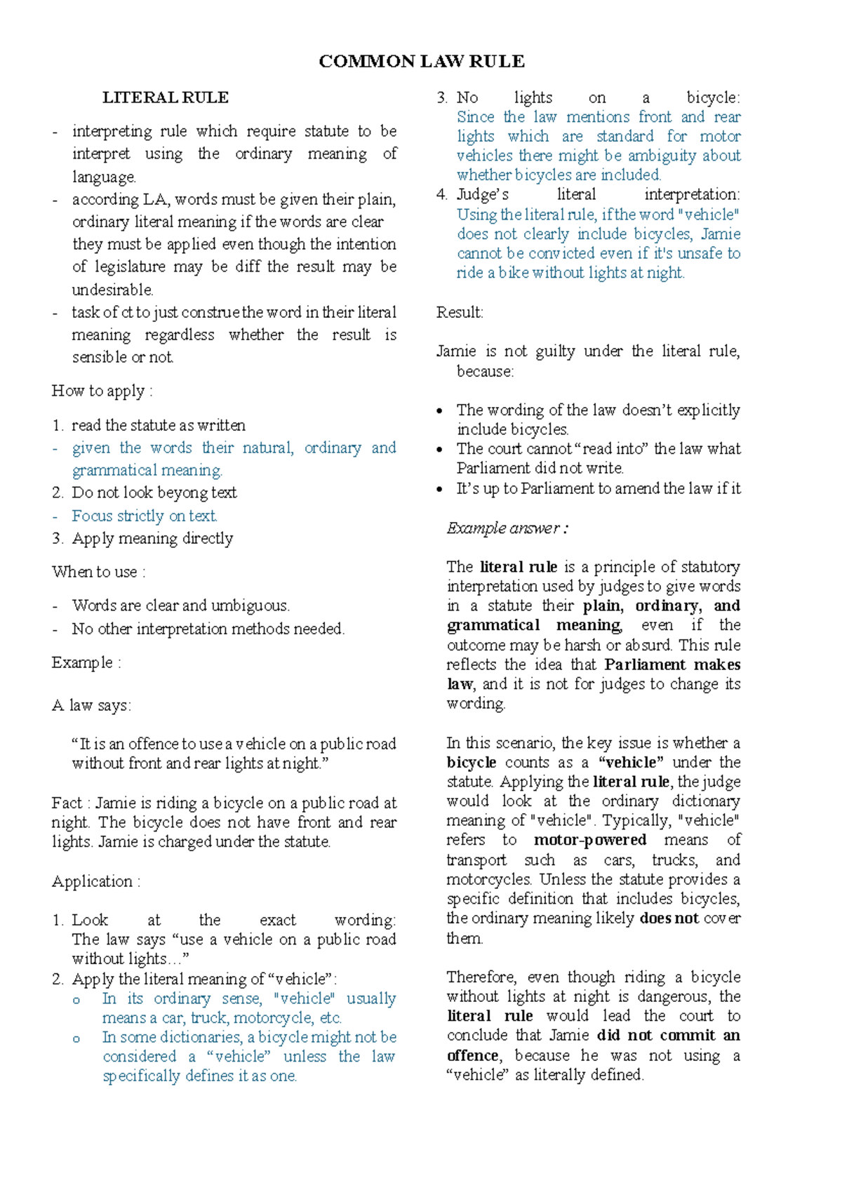 Common Law Rules: Literal and Golden Rule Interpretation Notes - Studocu
