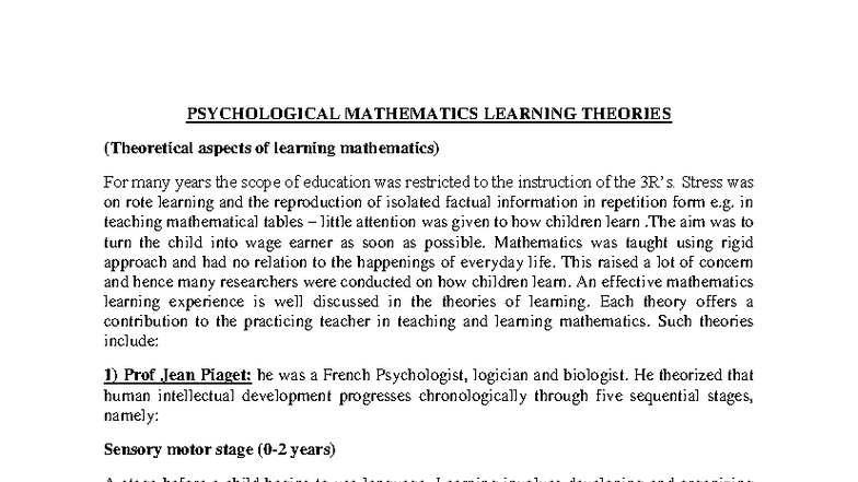 Lesson 2- Psychological Mathematics Learning Theories 1 - PSYCHOLOGICAL ...