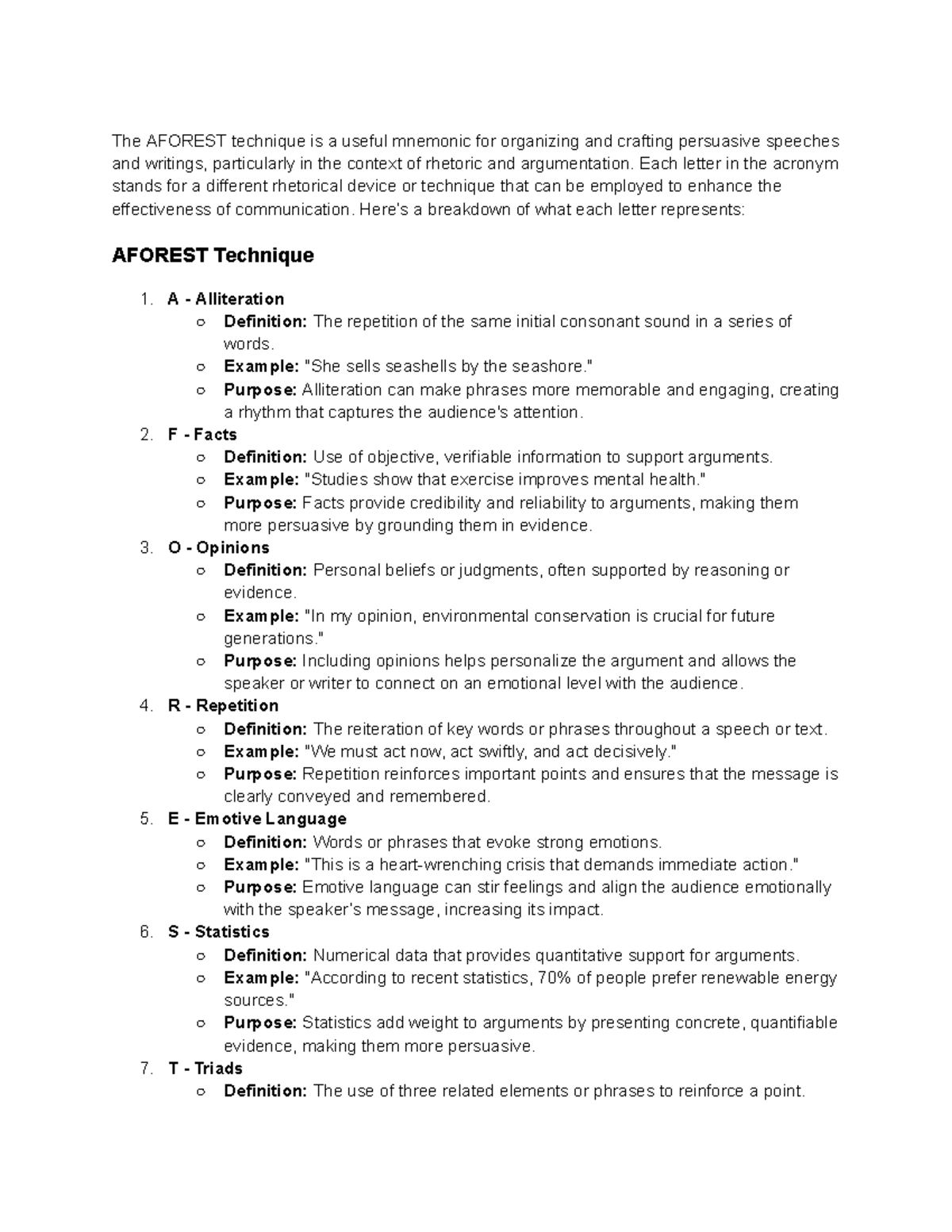 AFOREST Technique for Crafting Persuasive Speeches and Writing - Studocu