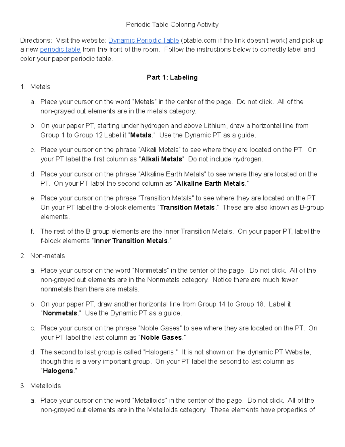 Periodic Table Coloring Activity Instructions (Chem 101) - Studocu