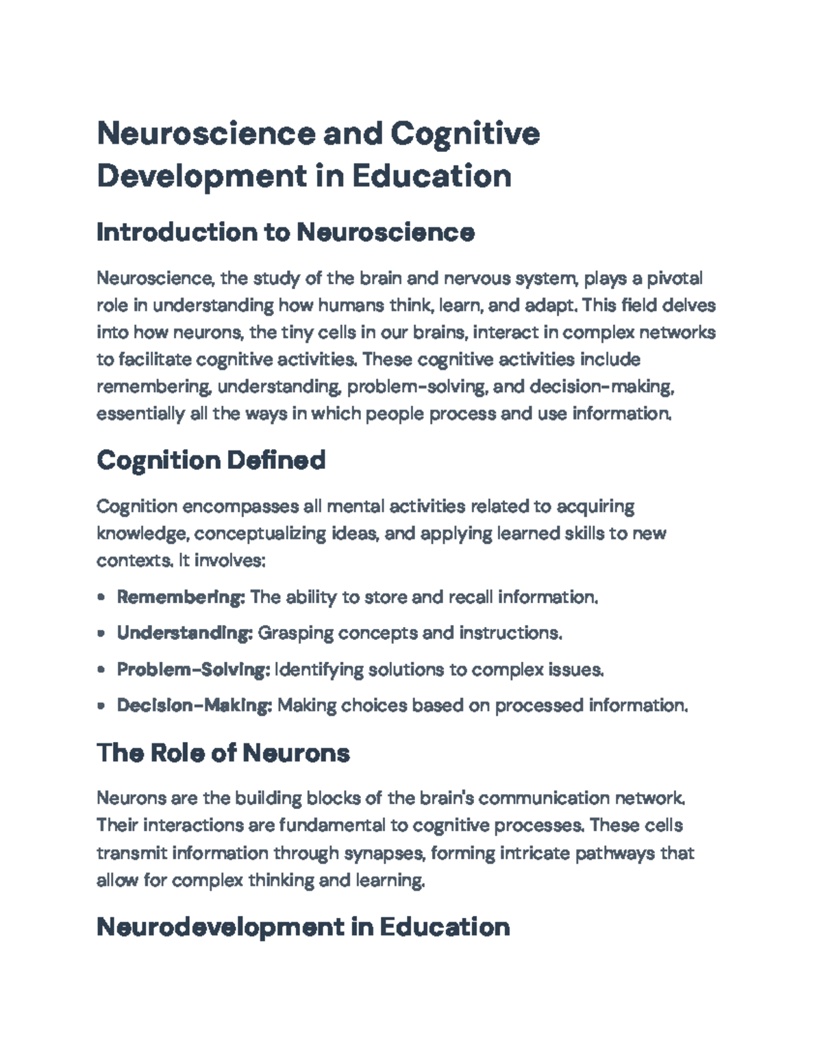 Understanding Neuroscience in Education: Cognitive Development Insights ...