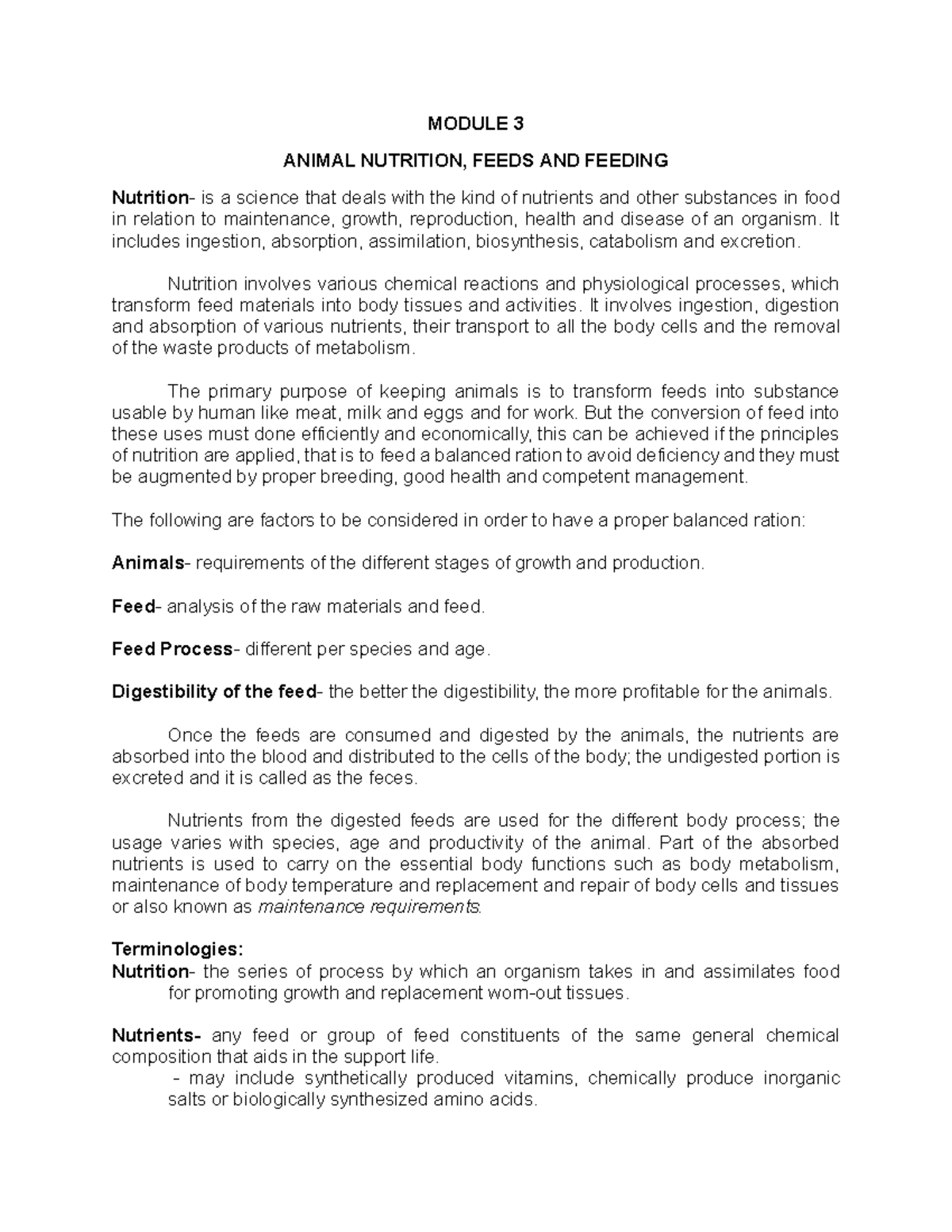 Module 3: Animal Nutrition, Feeds, and Feeding Principles - Studocu