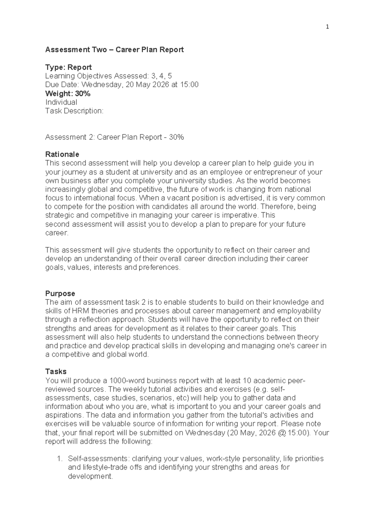 Assessment 2: Career Plan Report Guidelines and Objectives - Studocu