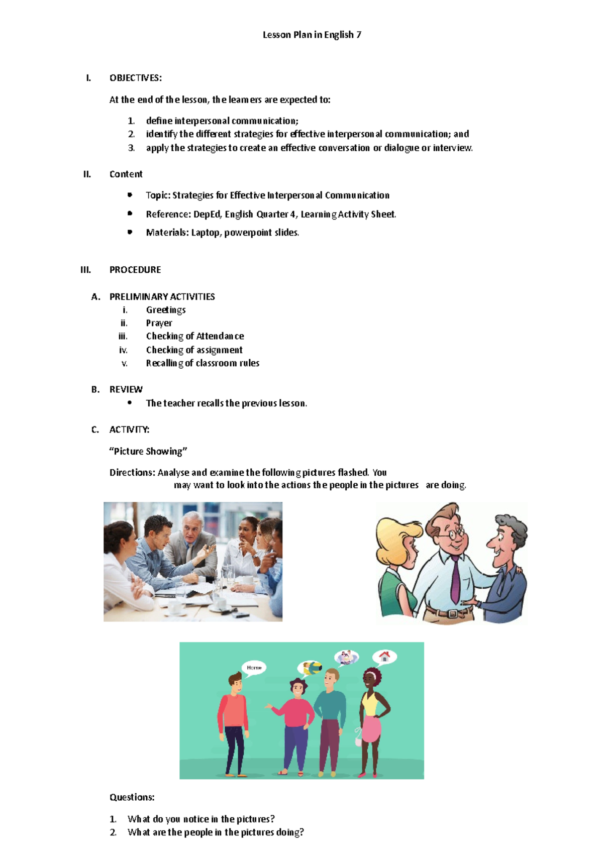 Lesson Plan: Strategies for Effective Communication in English 7 - Studocu