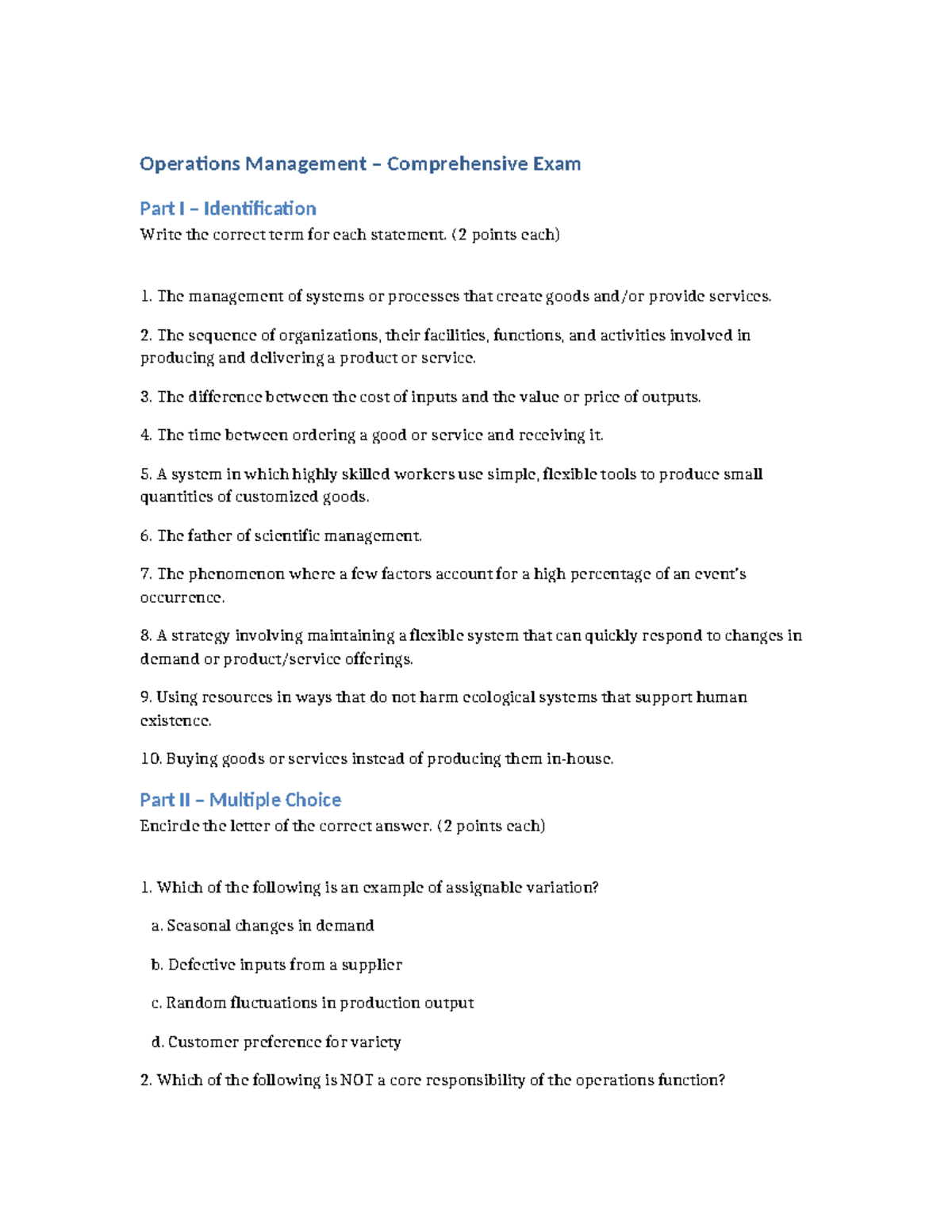 Operations Management (OM 101) Comprehensive Exam Answers - Studocu