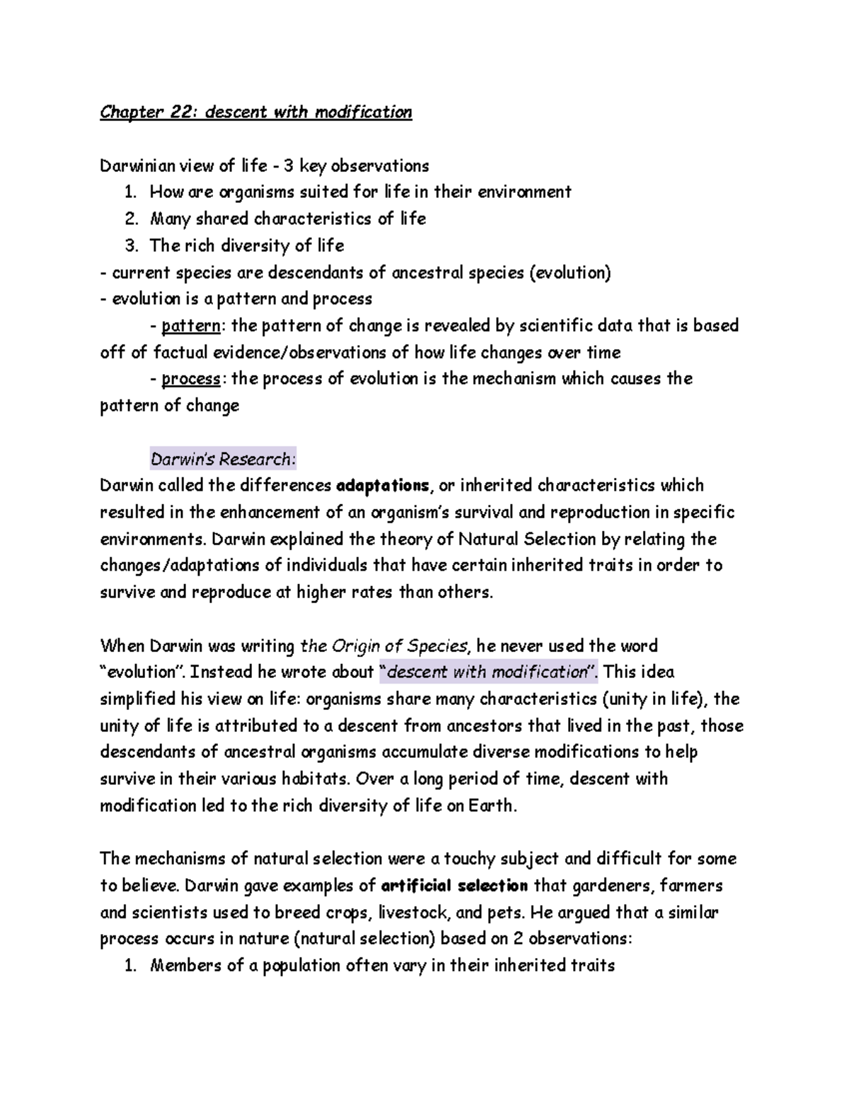 Bio Notes 2: Descent with Modification & Evolutionary Processes - Studocu