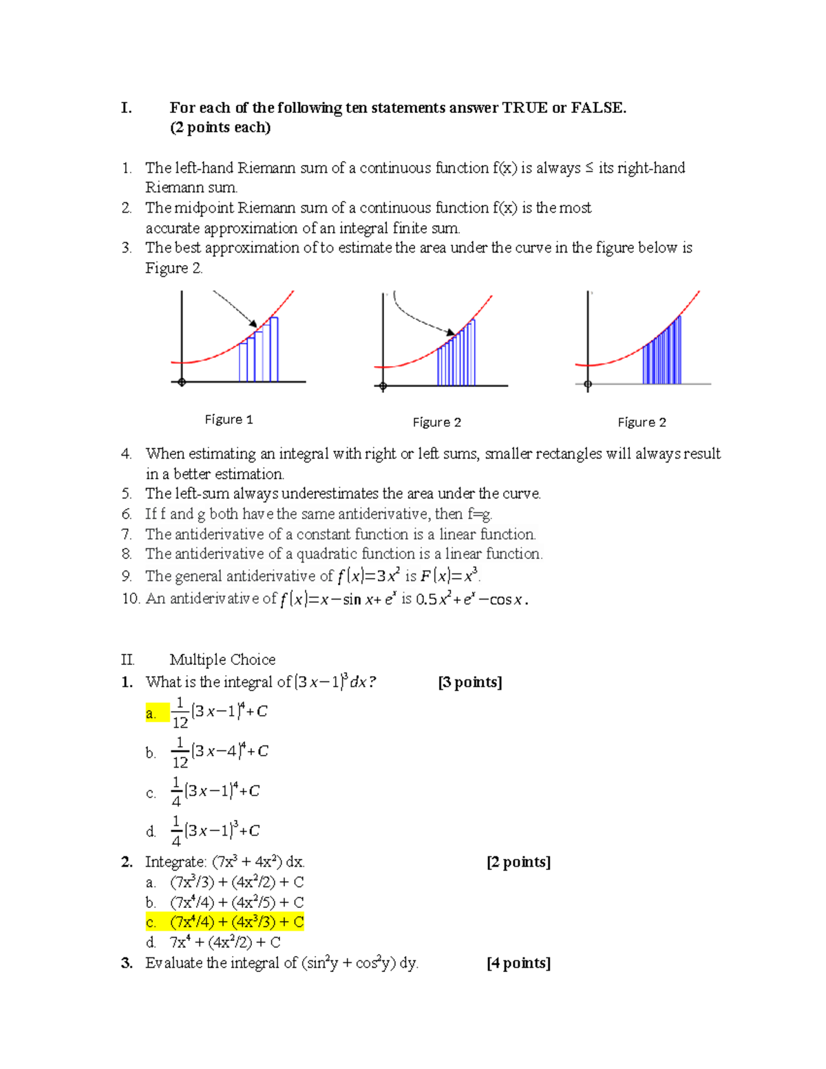 Long Test on Integrals: Evaluating Riemann Sums and Antiderivatives ...