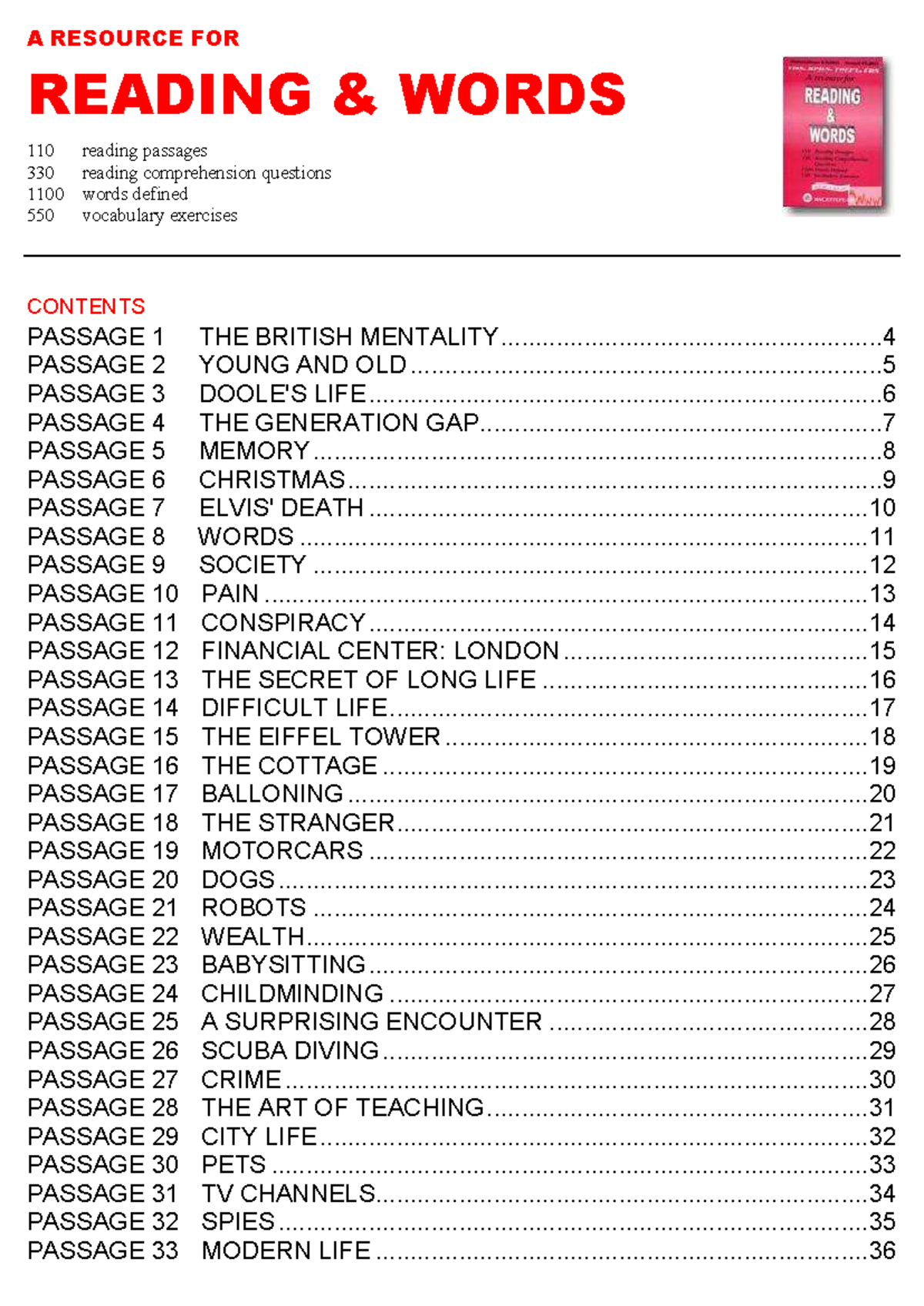 A Resource for Reading & Vocabulary Exercises: 110 Passages & 330 ...