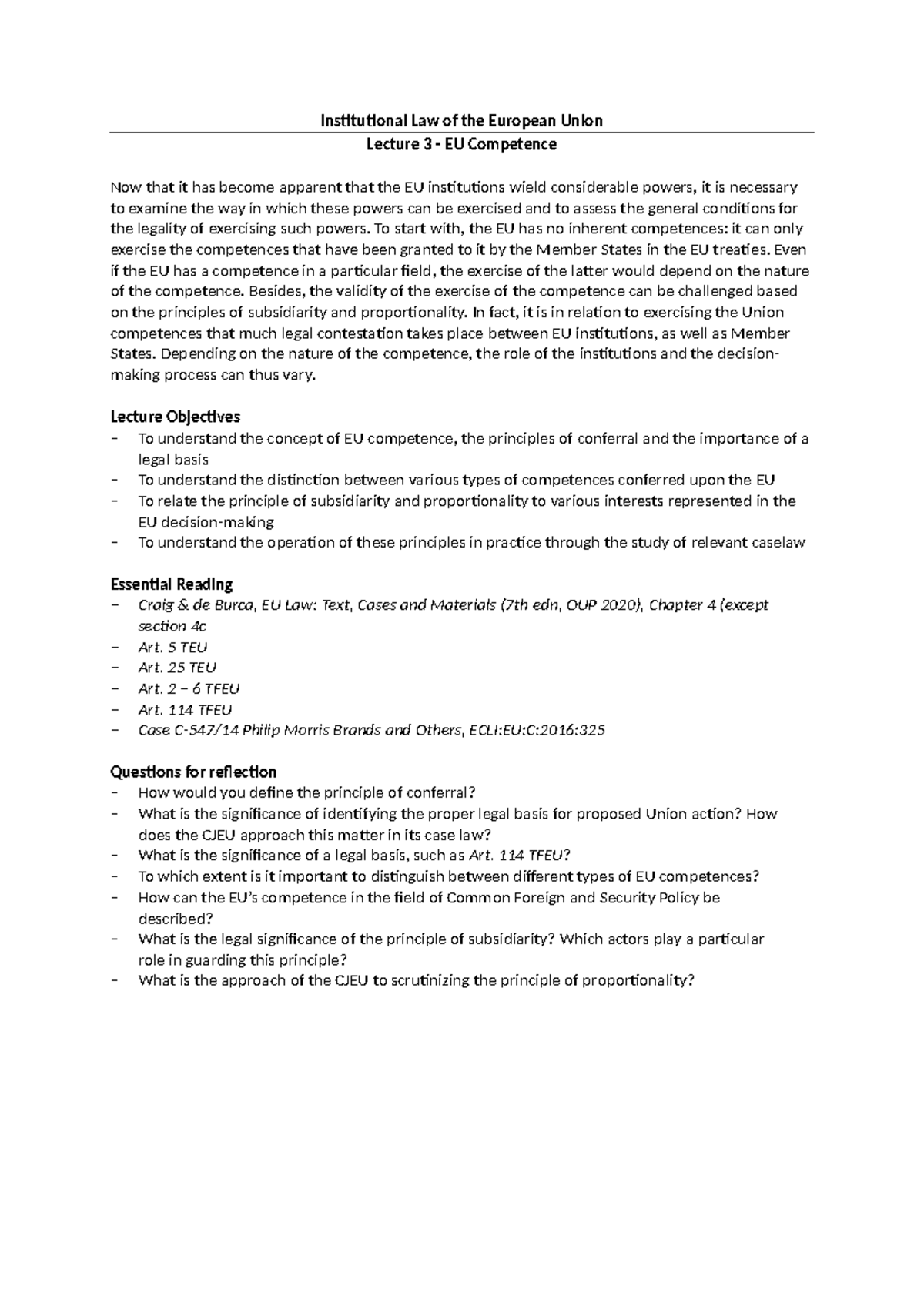 Lecture 3 - EU Institutional Law: Understanding Competences and ...