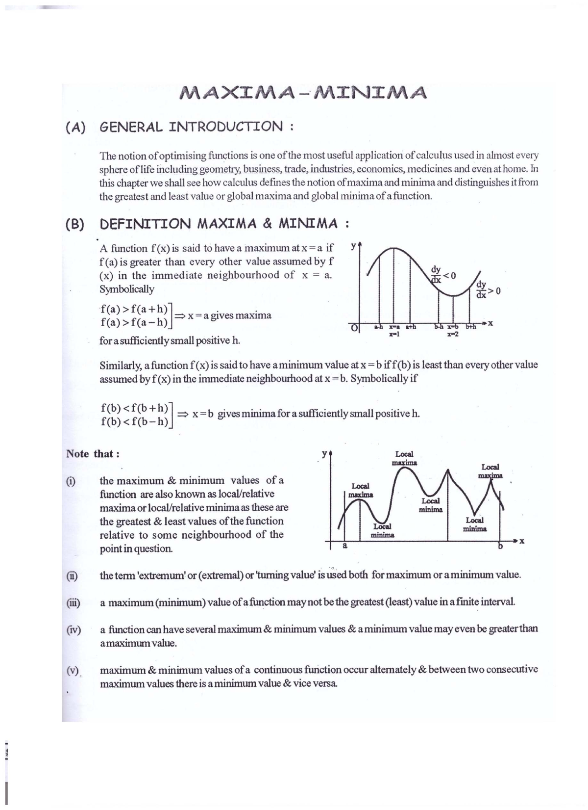 Maxima and Minima Theory Notes - Calculus Concepts - Studocu