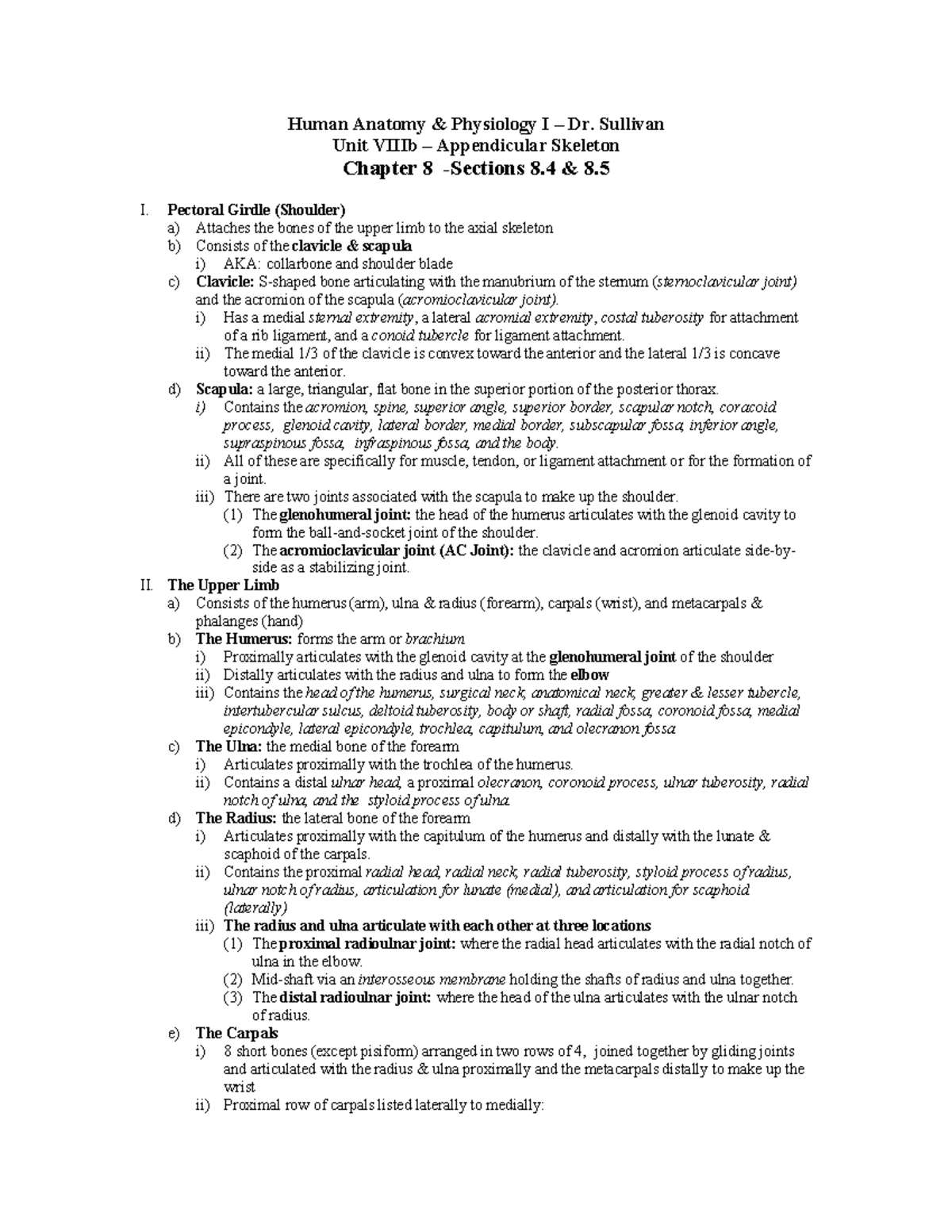 A&P I - Unit VIIIb: Appendicular Skeleton Notes for Chapter 8 - Studocu