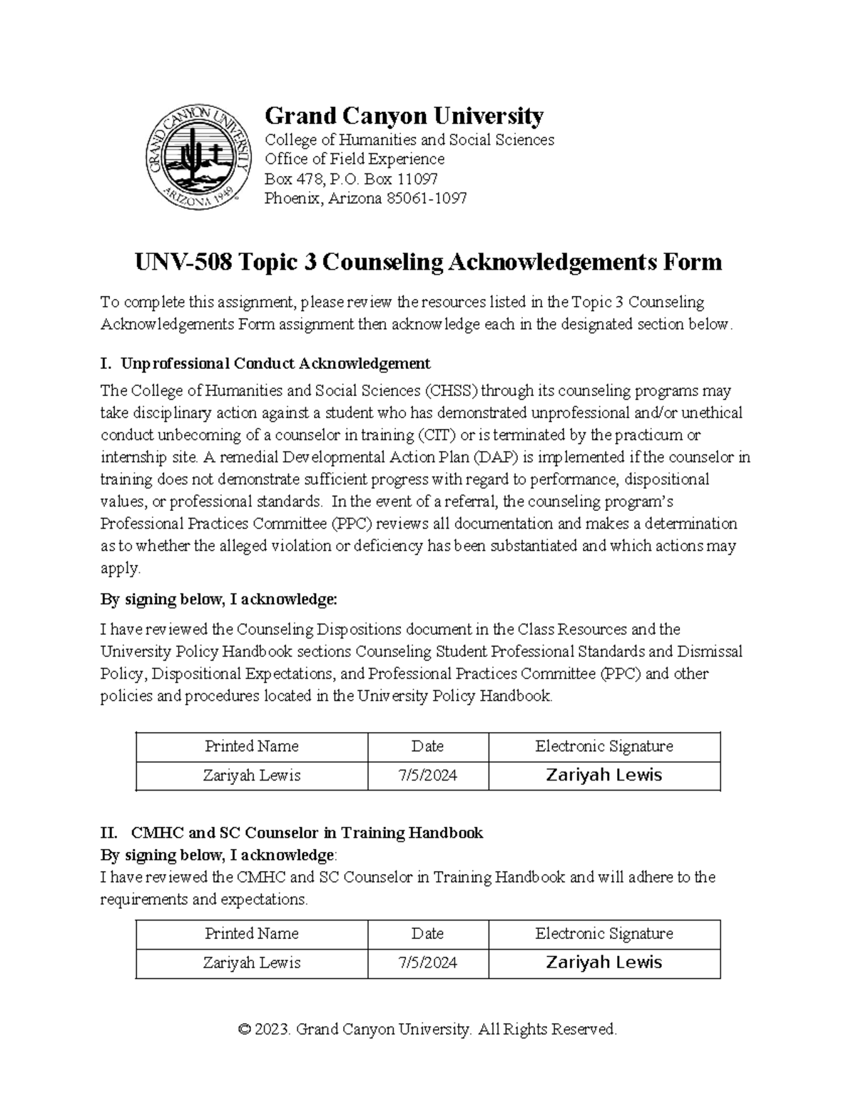 UNV-508-Counseling Acknowledgement Form ZLewis - Grand Canyon ...