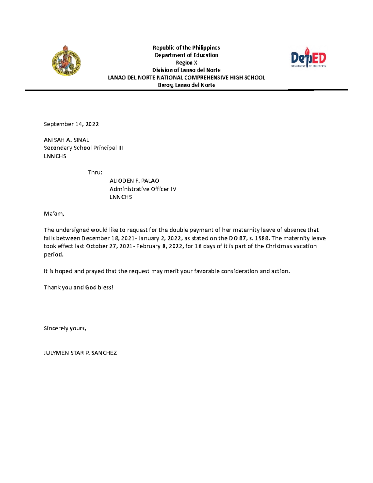 Request for Double Pay for Maternity Leave - LNNCHS Document - Studocu