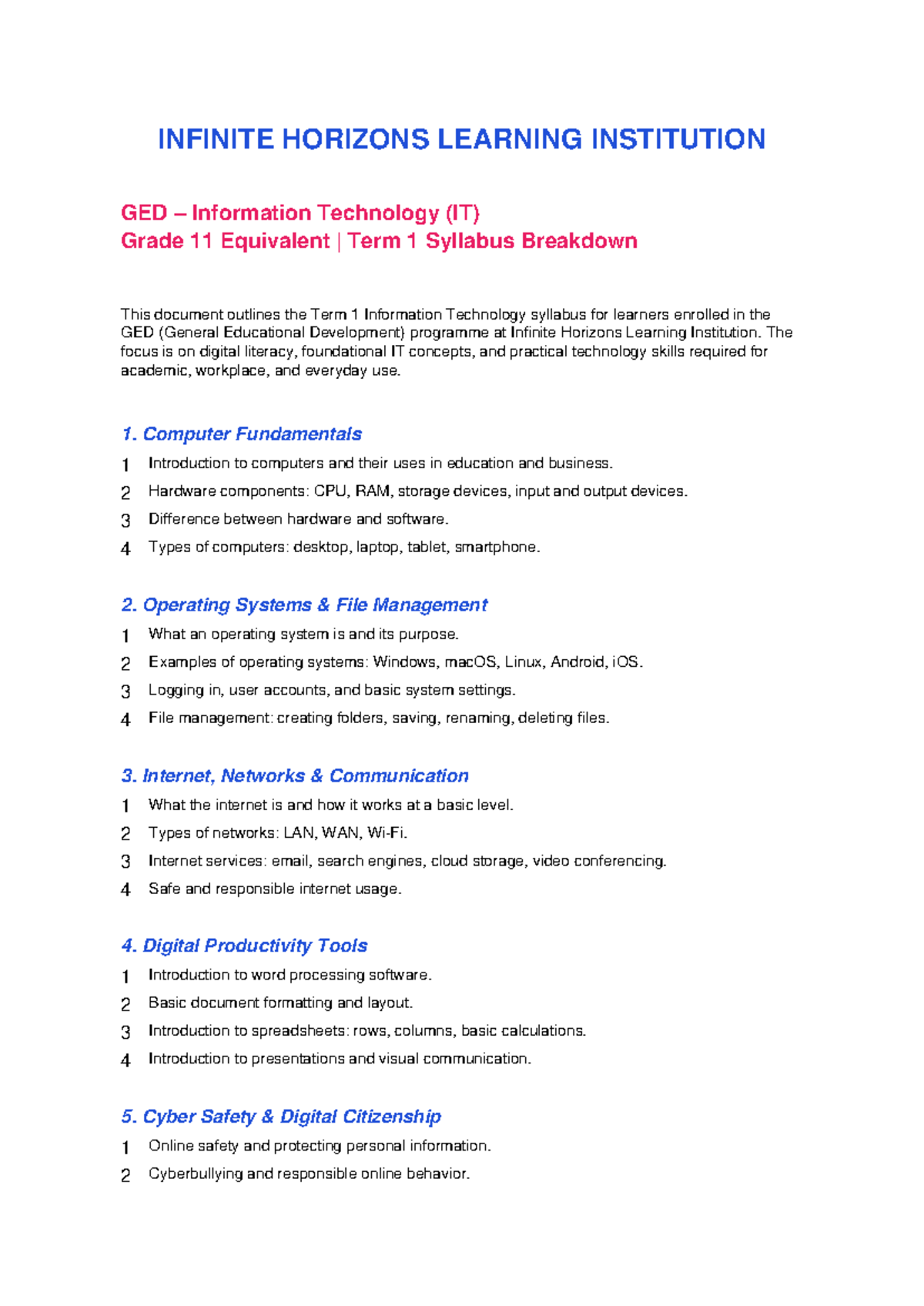 GED IT Term 1 Syllabus Breakdown at Infinite Horizons - Studocu
