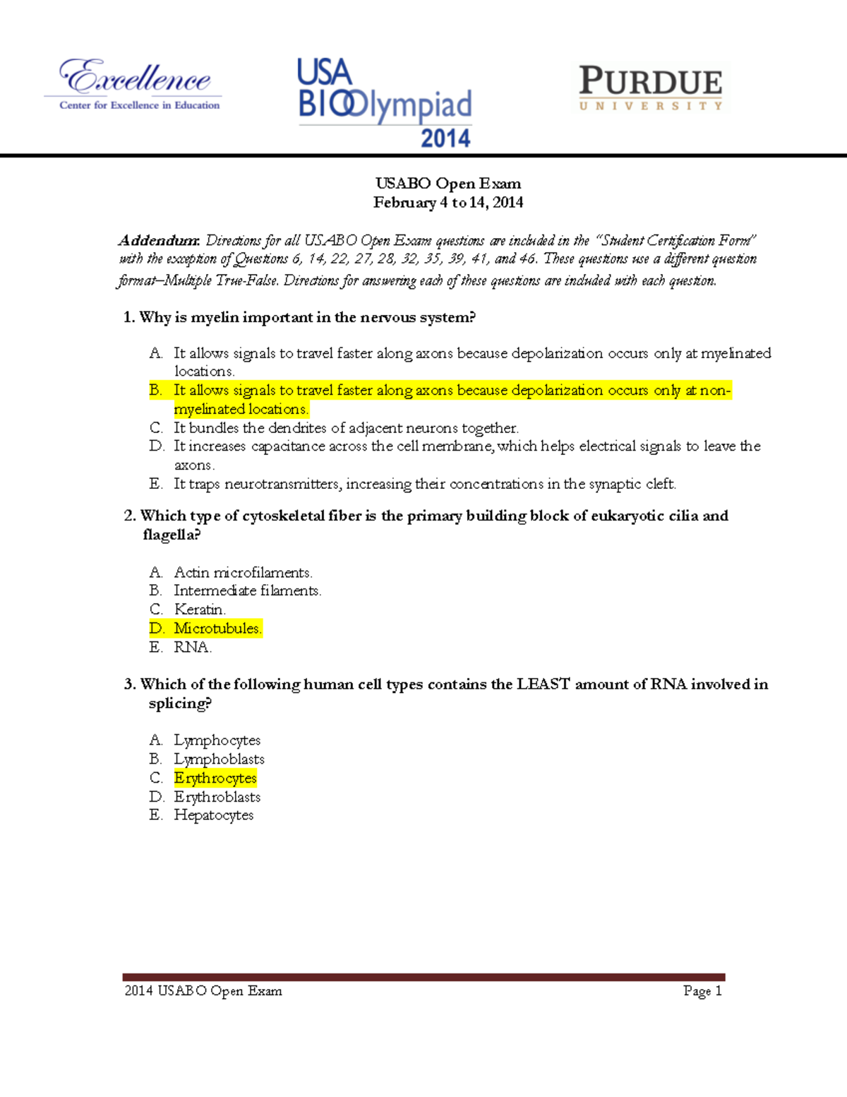 2014 USABO Open Exam - Directions and Key Questions Analysis - Studocu