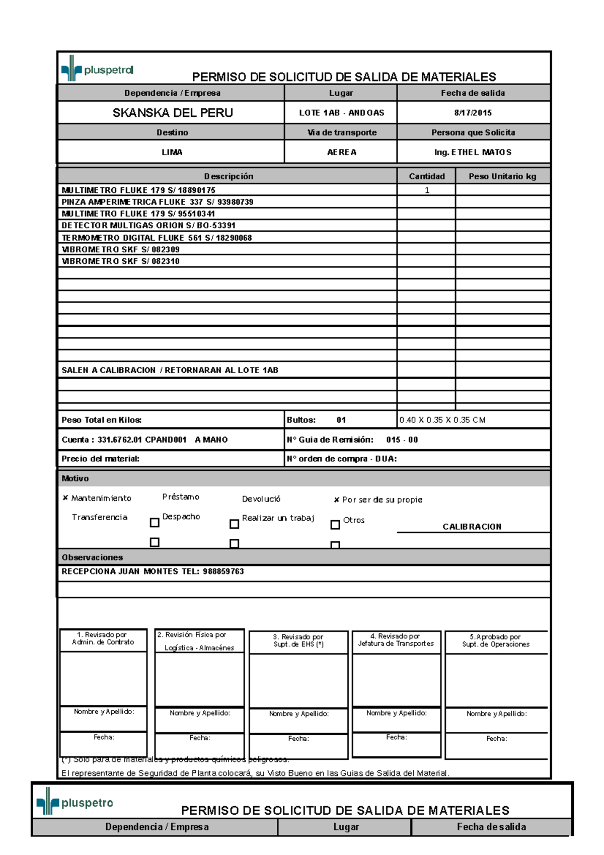 Formato de Salida de Materiales - PERMISO DE SOLICITUD DE SALIDA DE MATERIALES Dependencia ...