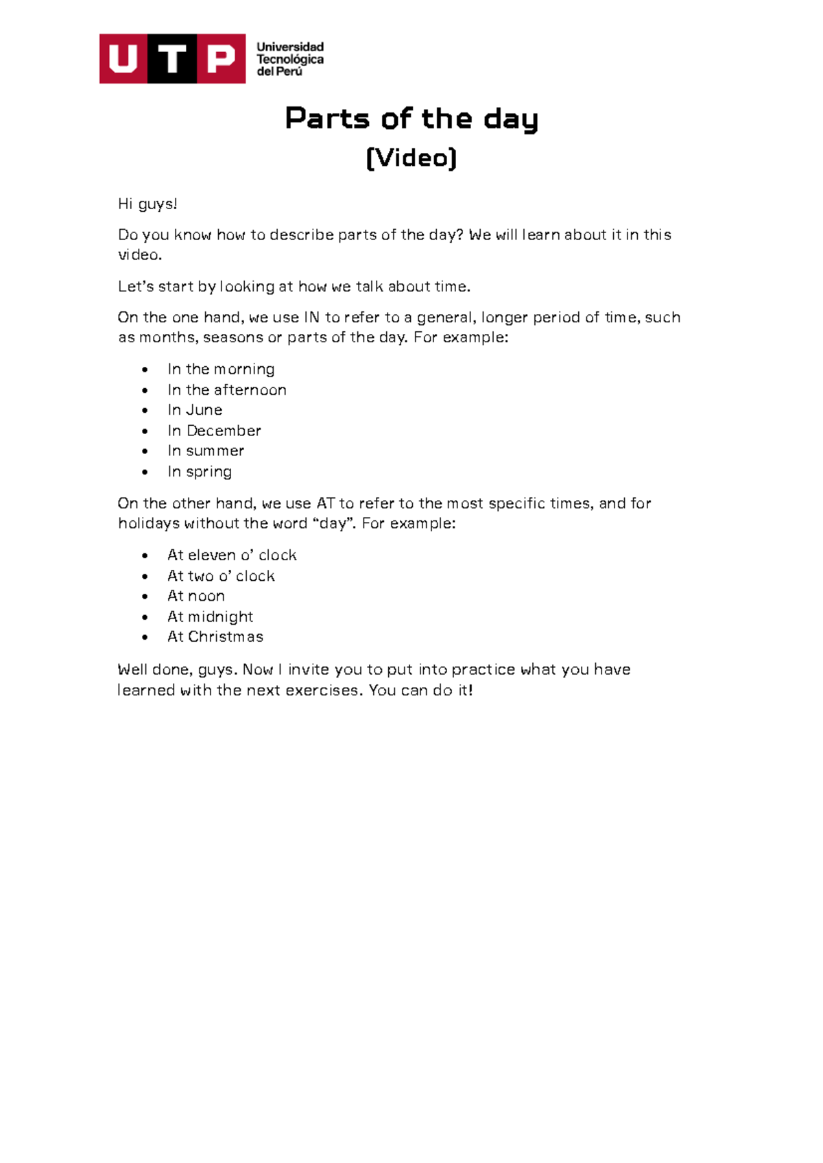 Week 10 - Video Lesson: Describing Parts of the Day - Studocu