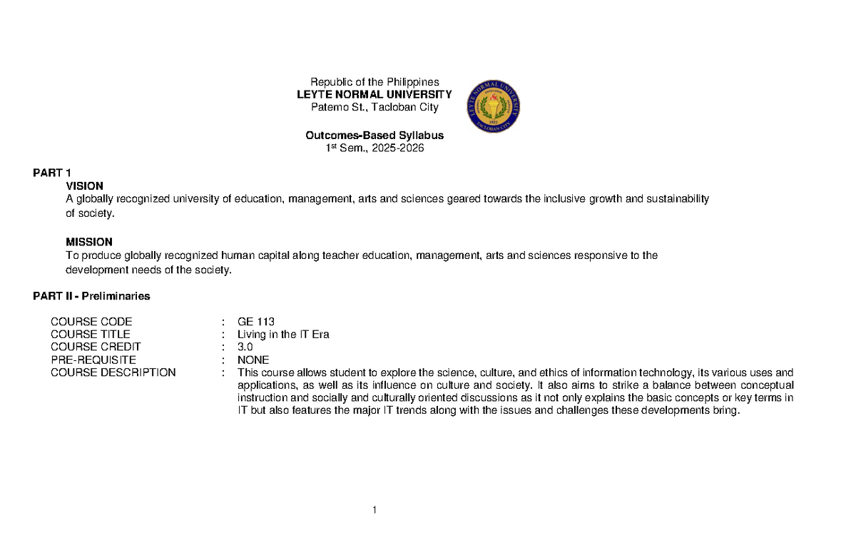 GE 113 Living in the IT Era Course Syllabus - 1st Sem - Studocu