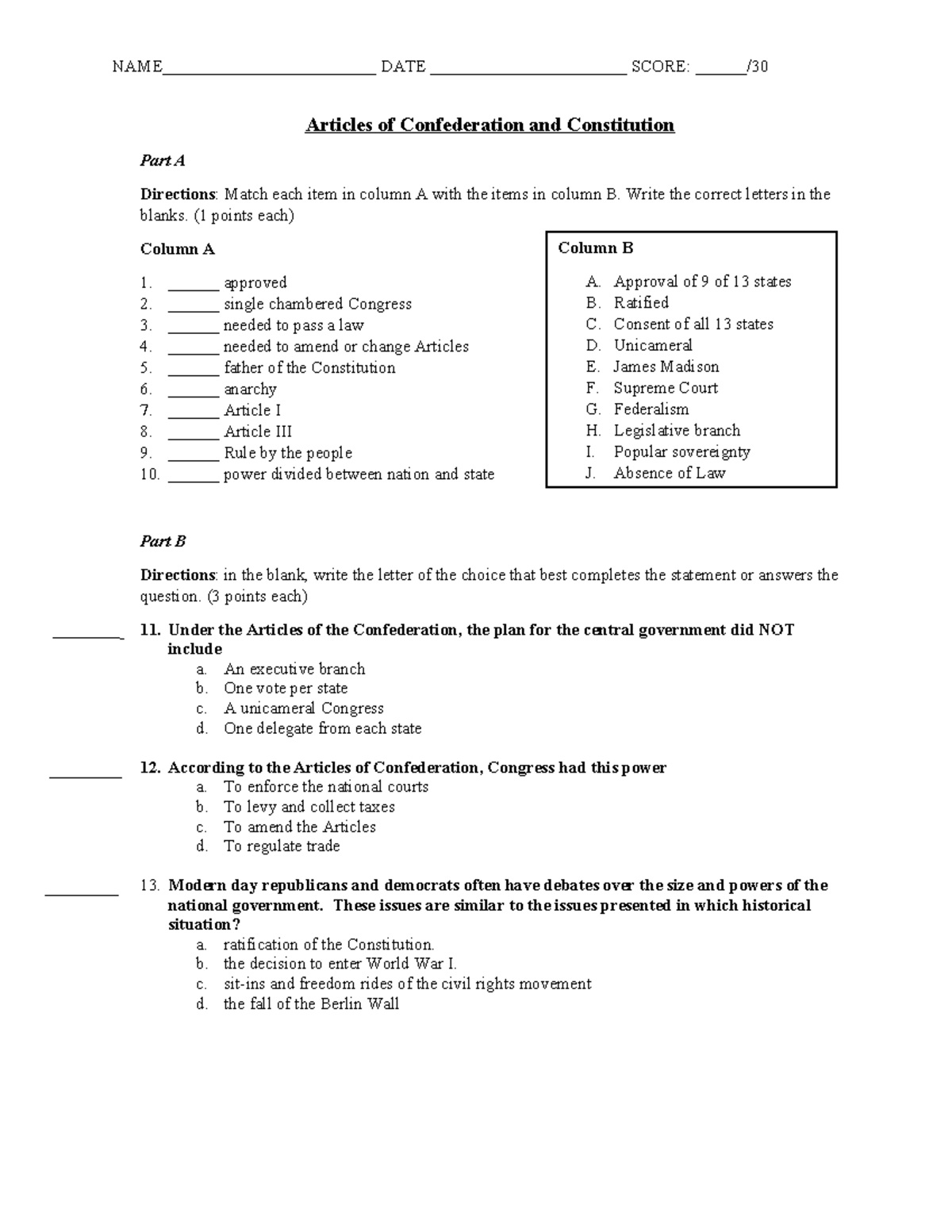 Articles of Confederation & U.S. Constitution Quiz - 30 Pts - Studocu