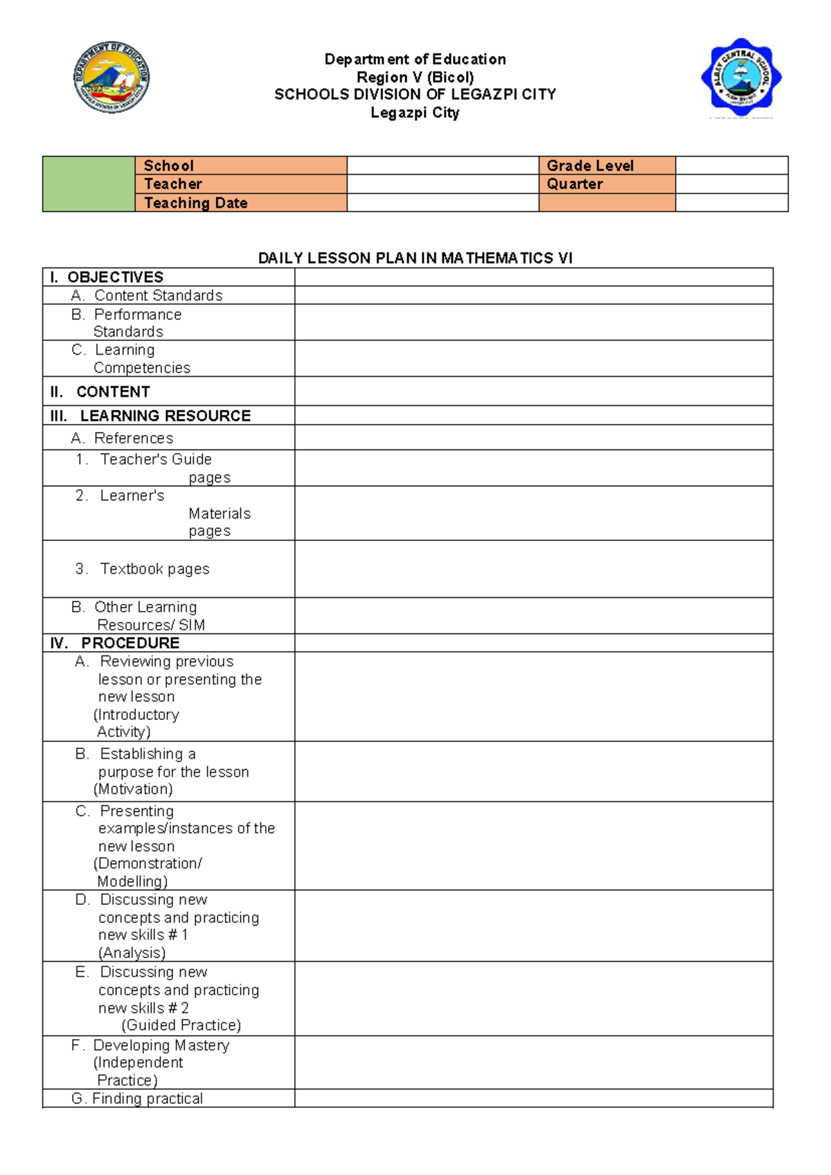 DLP - Daily Lesson Plan for Mathematics VI - Studocu