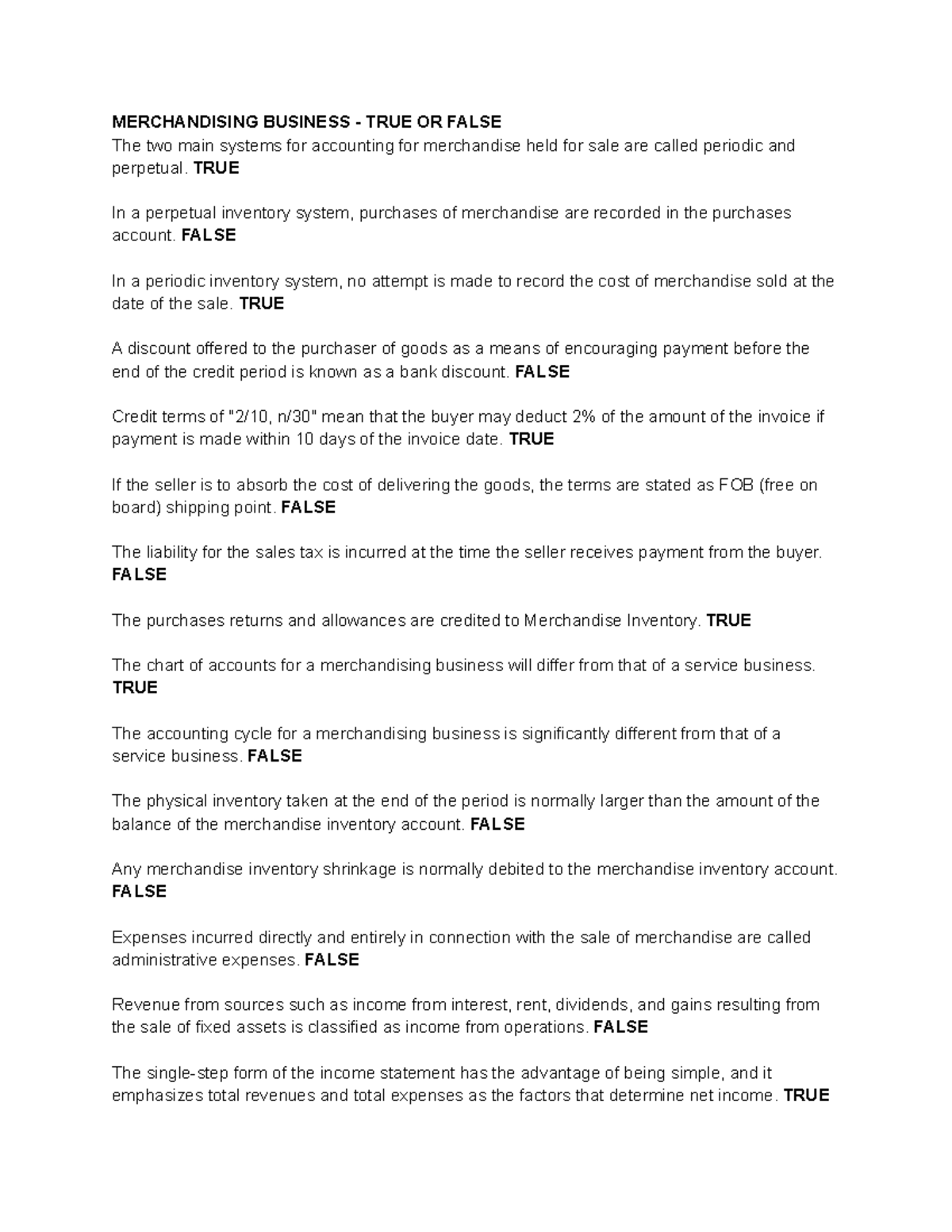Merchandising Business Questions - MERCHANDISING BUSINESS - TRUE OR ...