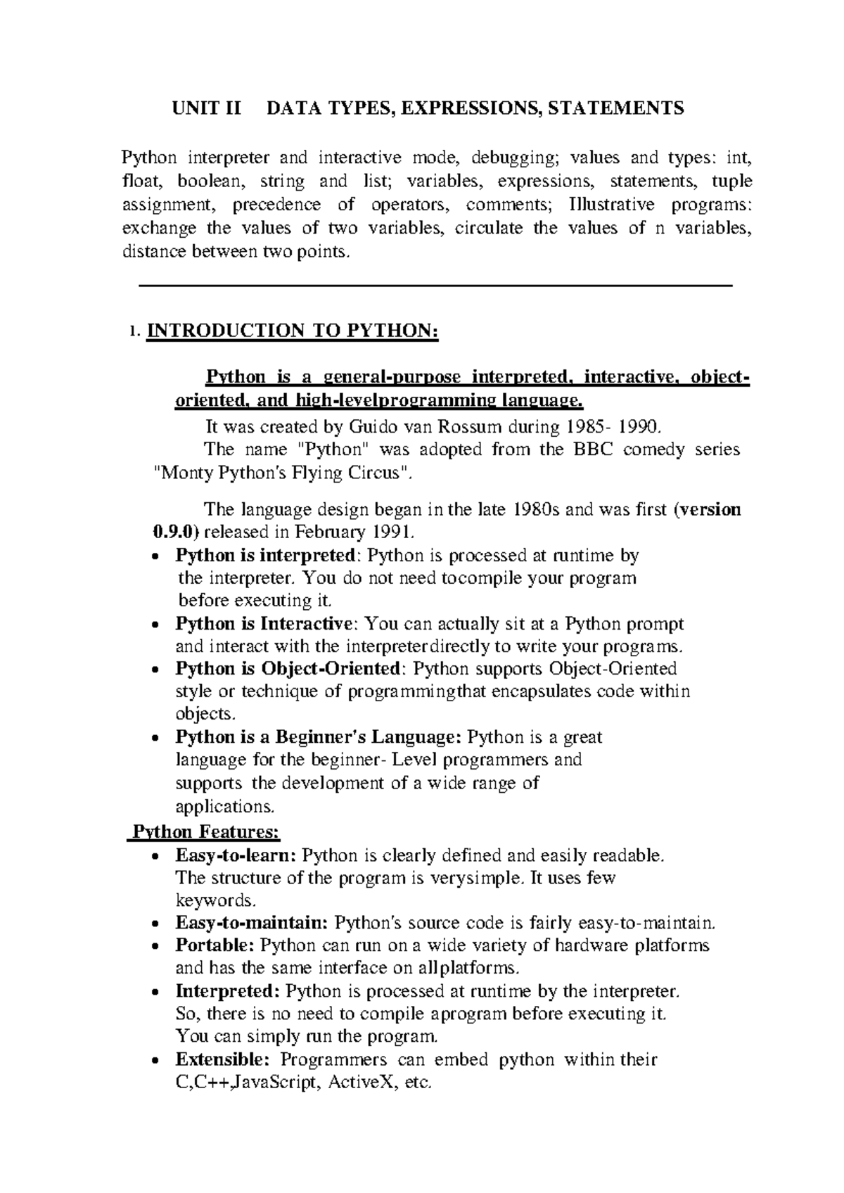 Unit II: Data Types, Expressions & Statements in Python (PSPP) - Studocu
