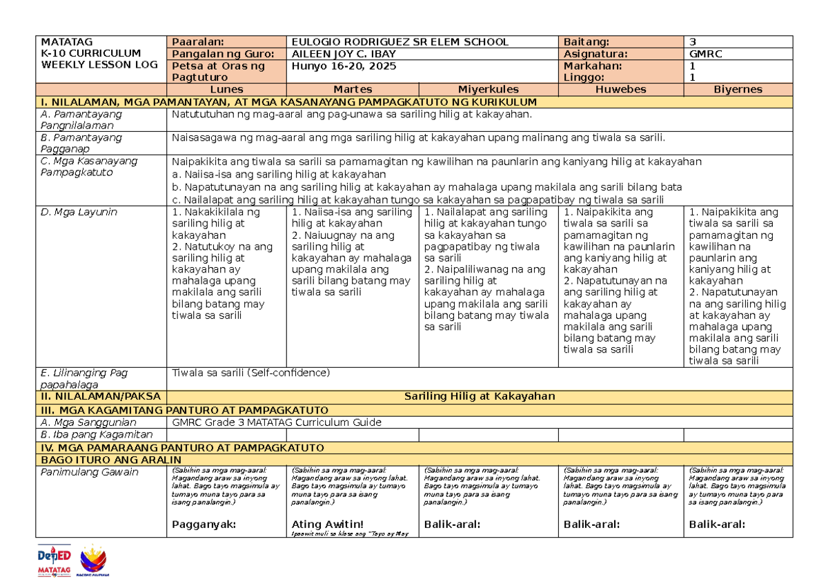 DLL GMRC3 Q1 WEEK 1: Weekly Lesson Log for Grade 3 GMRC - Studocu