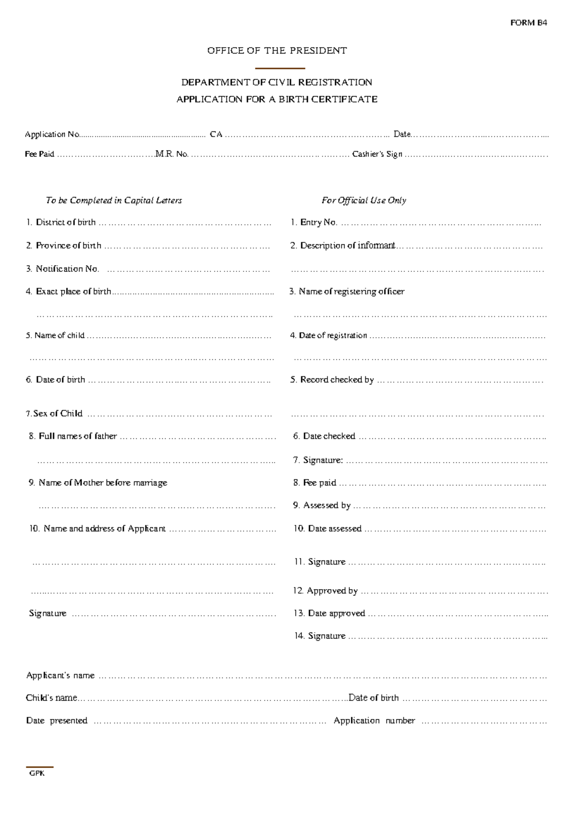 Kenya Birth Certificate Application Form B4 - Official Document - Studocu