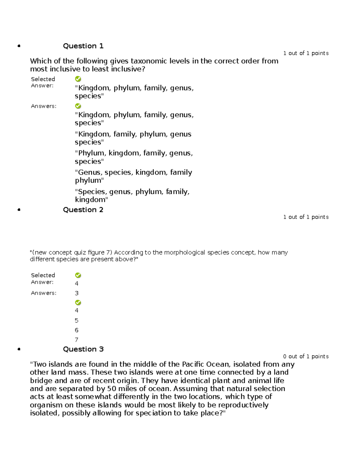 Species Quiz - These are some answers to quizzes Professor True posted ...